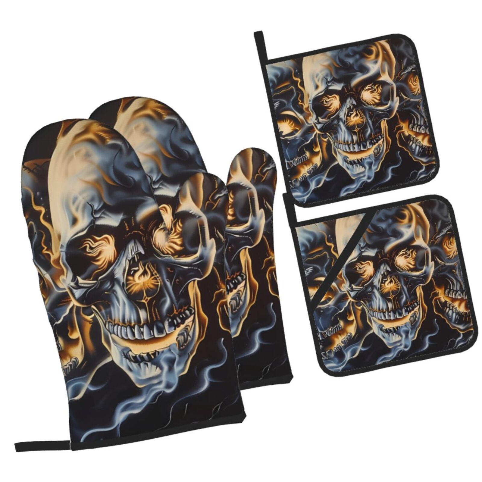 Cauagu Fiery Skull Trio Print Oven Mitts and Pot Holders 4 pcs Set ...