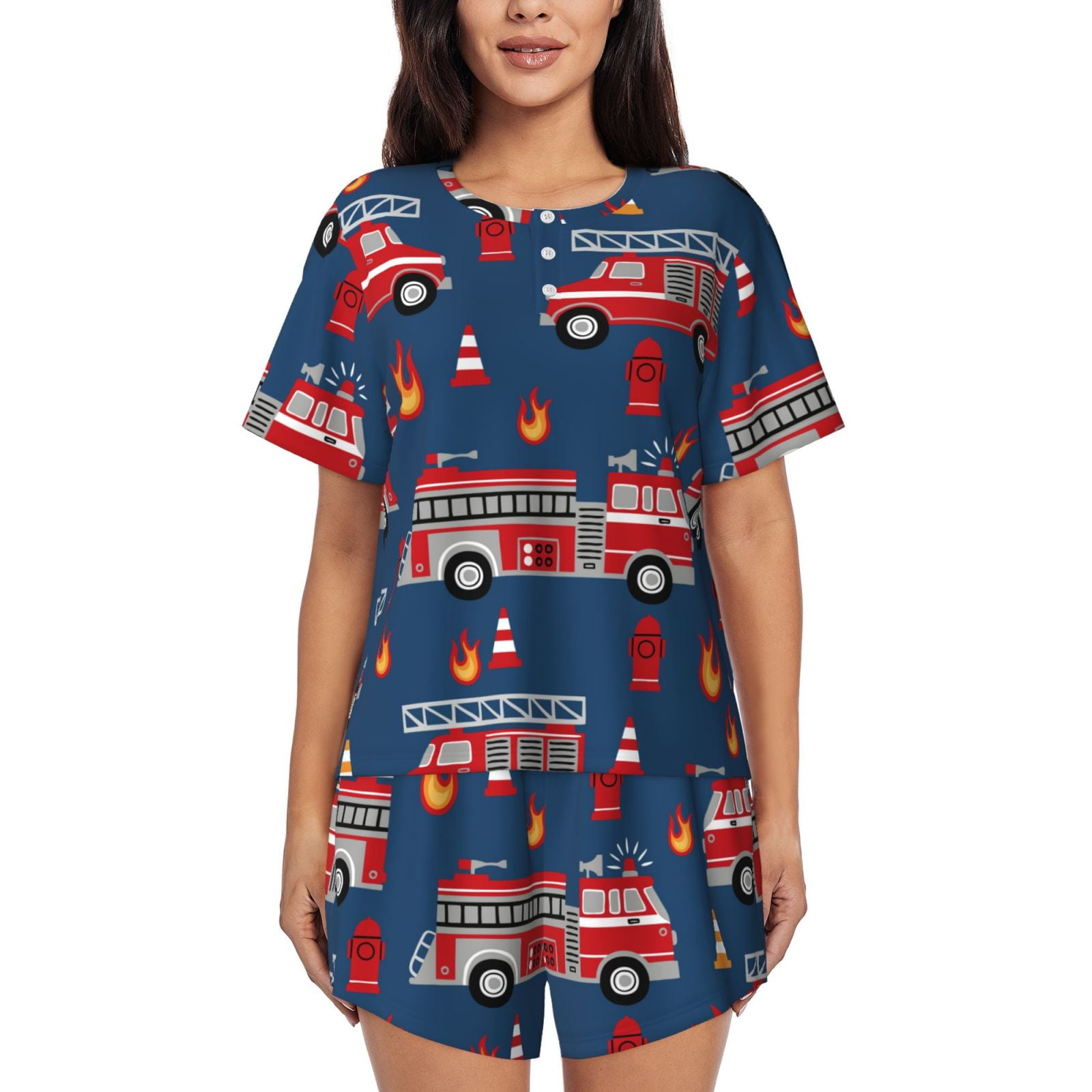 Cauagu Fire Truck 1 for Women's Round Neck Pajama Set,Short-Sleeved ...