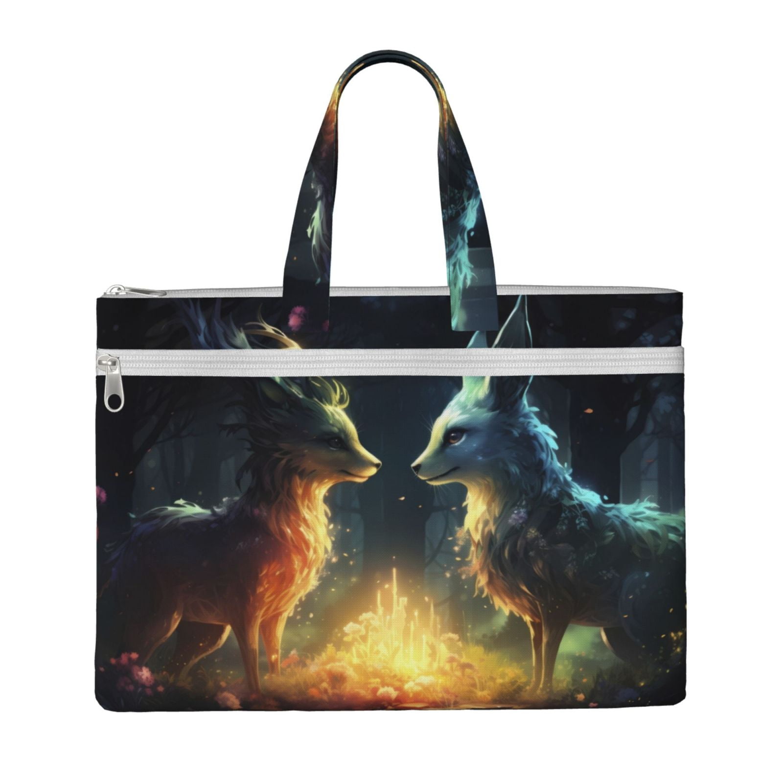Cauagu Firefly Forest Fox Pattern Canvas Tote File Bag, Zipper Tote Bag ...