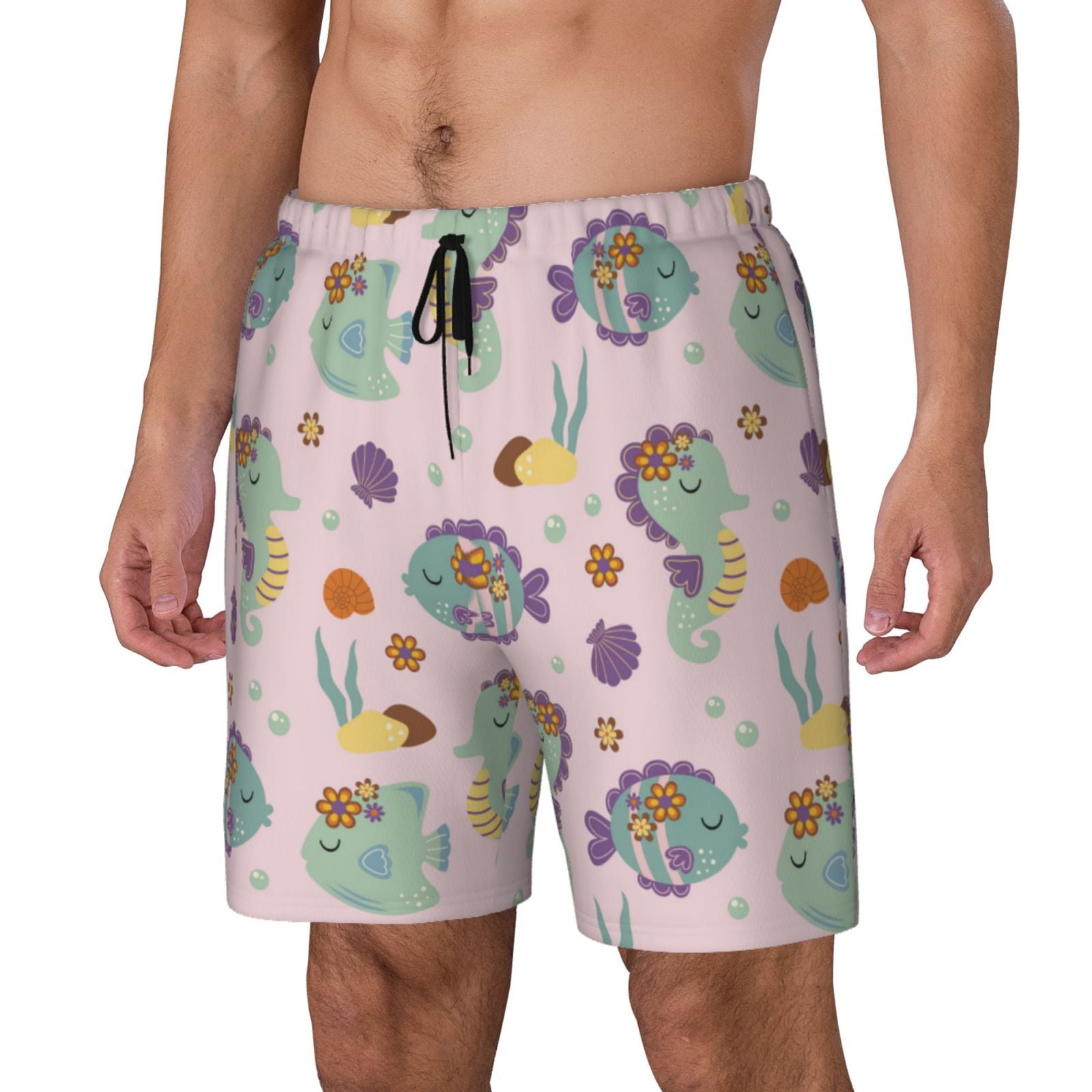 Cauagu Fish Seahorse Print Mens Swim Trunks Quick Dry Board Shorts Swim ...