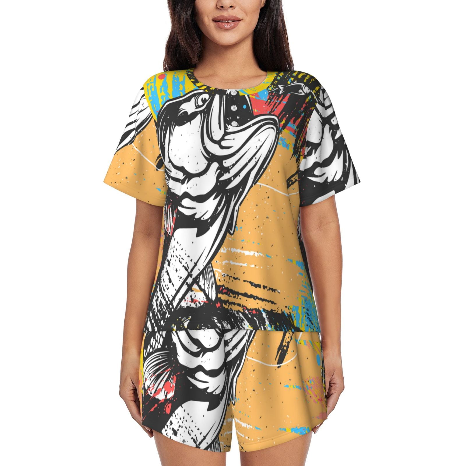 Cauagu Fishing Bass for Women's Round Neck Pajama Set,Short-Sleeved ...