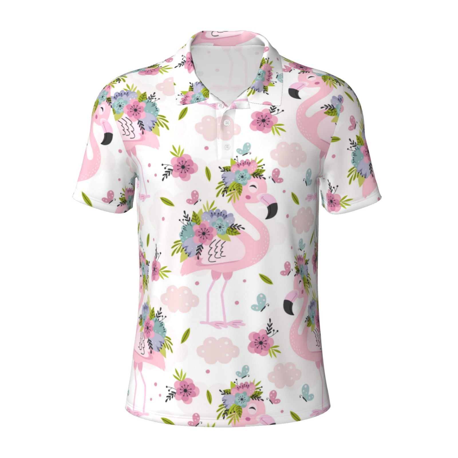 Cauagu Flamingo And Flowers Print Men's Polo Shirts, Short-Sleeve Polo ...