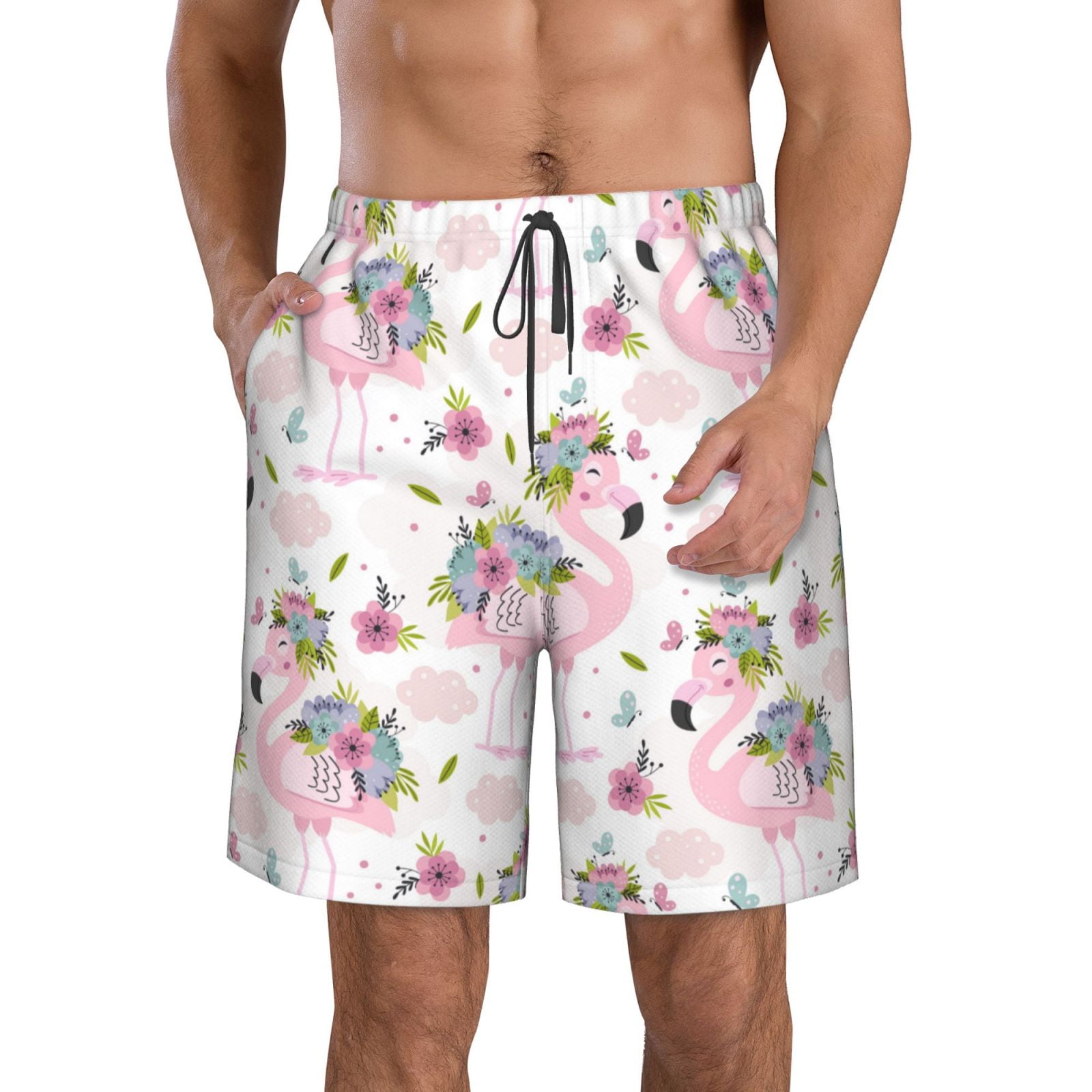 Cauagu Flamingo And Flowers Print Men's Swim Trunks,Hawaiian Bathing ...