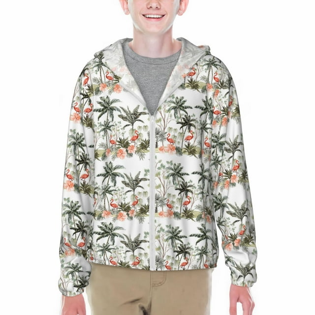 Cauagu Flamingo Palm Trees Print Sun Protection Jacket for Teen,Full-Zipper Long Sleeve Sun ...