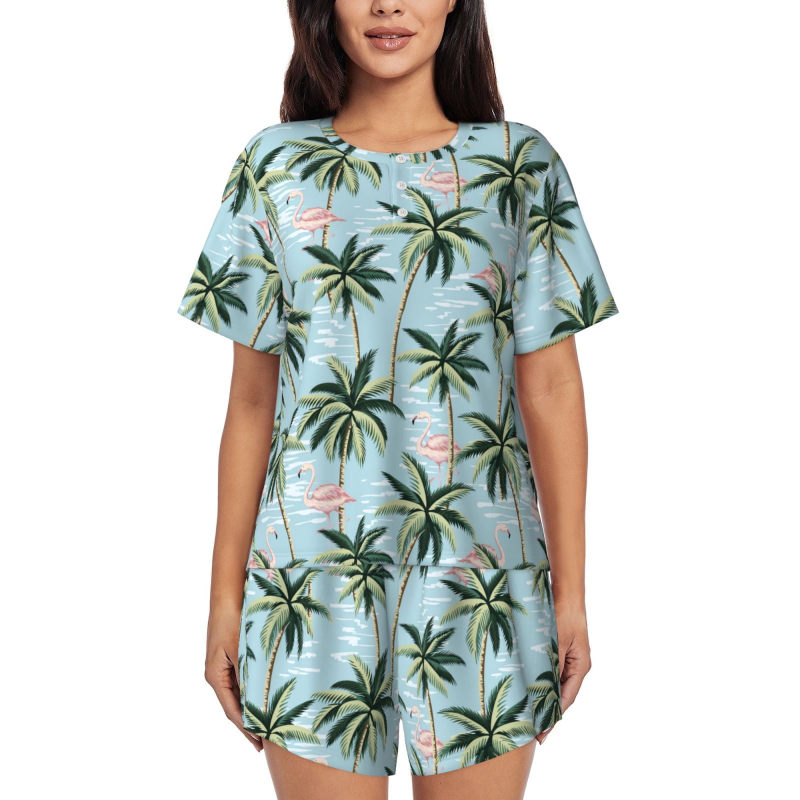 Cauagu Flamingos And Palms for Women's Round Neck Pajama Set,Short-Sleeved Pajamas Soft ...