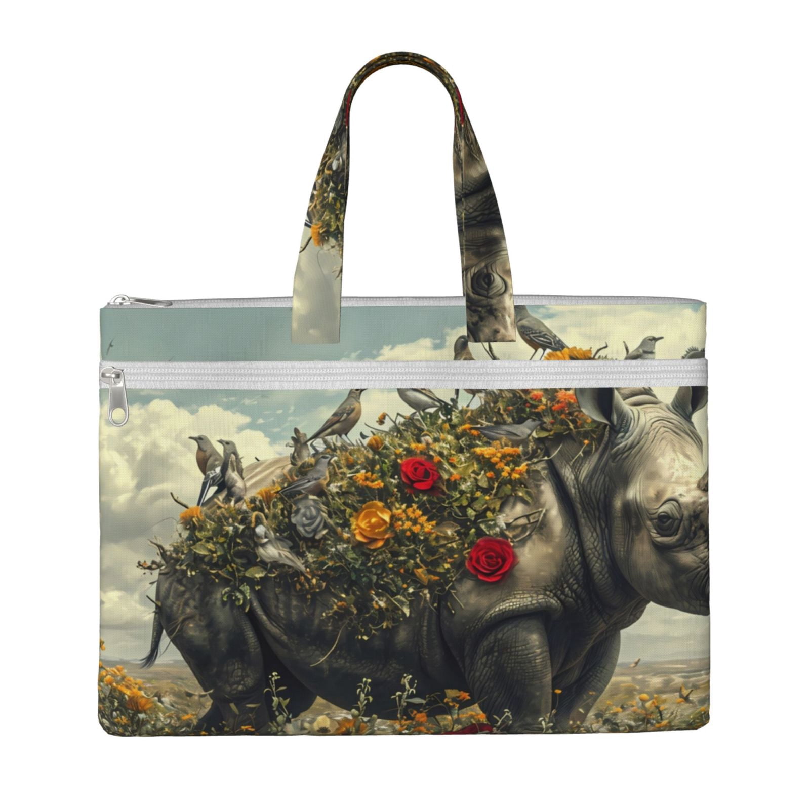 Cauagu Floral Rhino With Birds Pattern Canvas Tote File Bag, Zipper ...