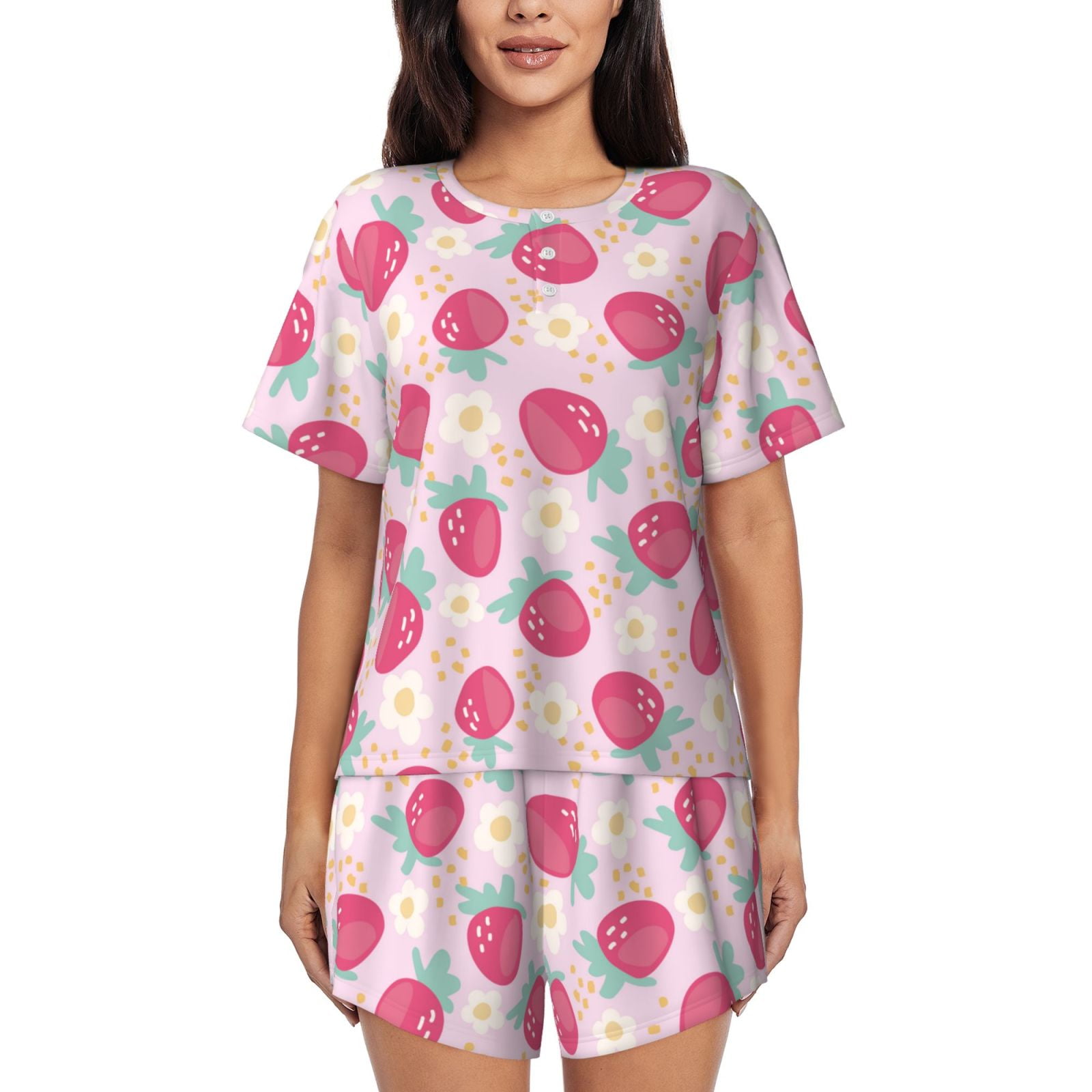 Cauagu Floral Strawberr for Women's Round Neck Pajama Set,Short-Sleeved Pajamas Soft Sleepwear ...