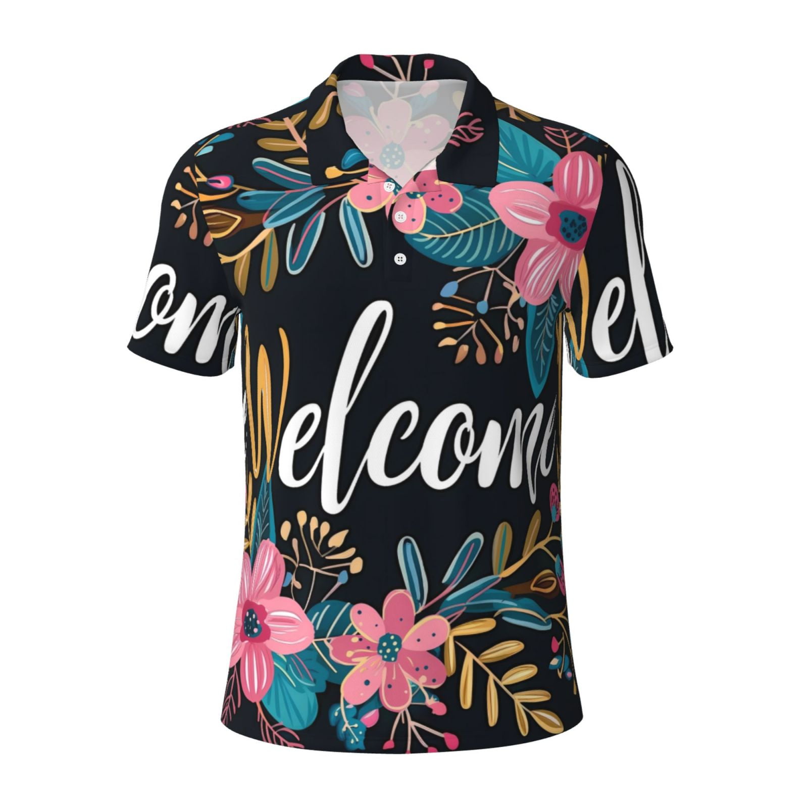 Cauagu Floral Welcome Sign Print Men's Polo Shirts, Short-Sleeve Polo ...