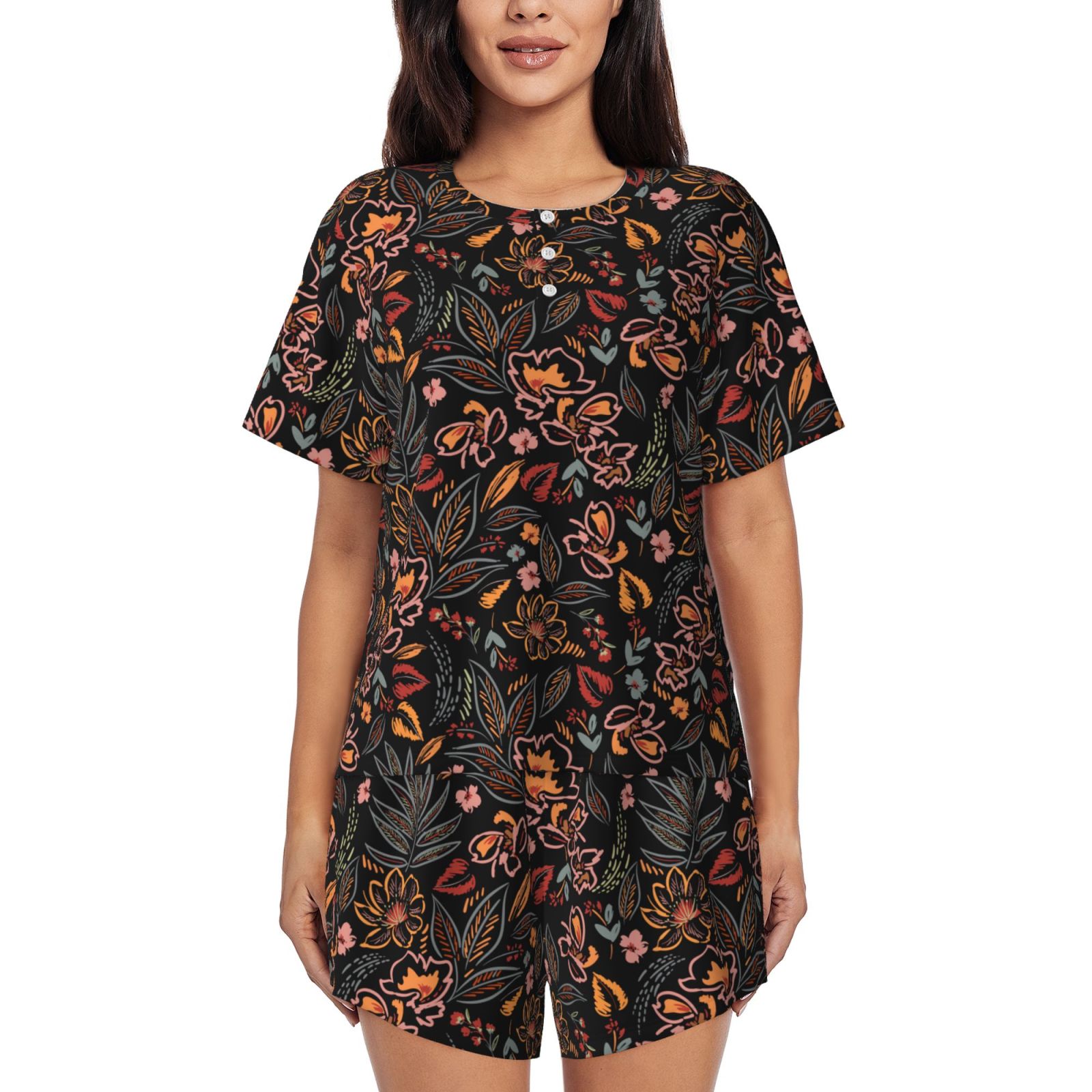 Cauagu Floral for Women's Round Neck Pajama Set,Short-Sleeved Pajamas ...