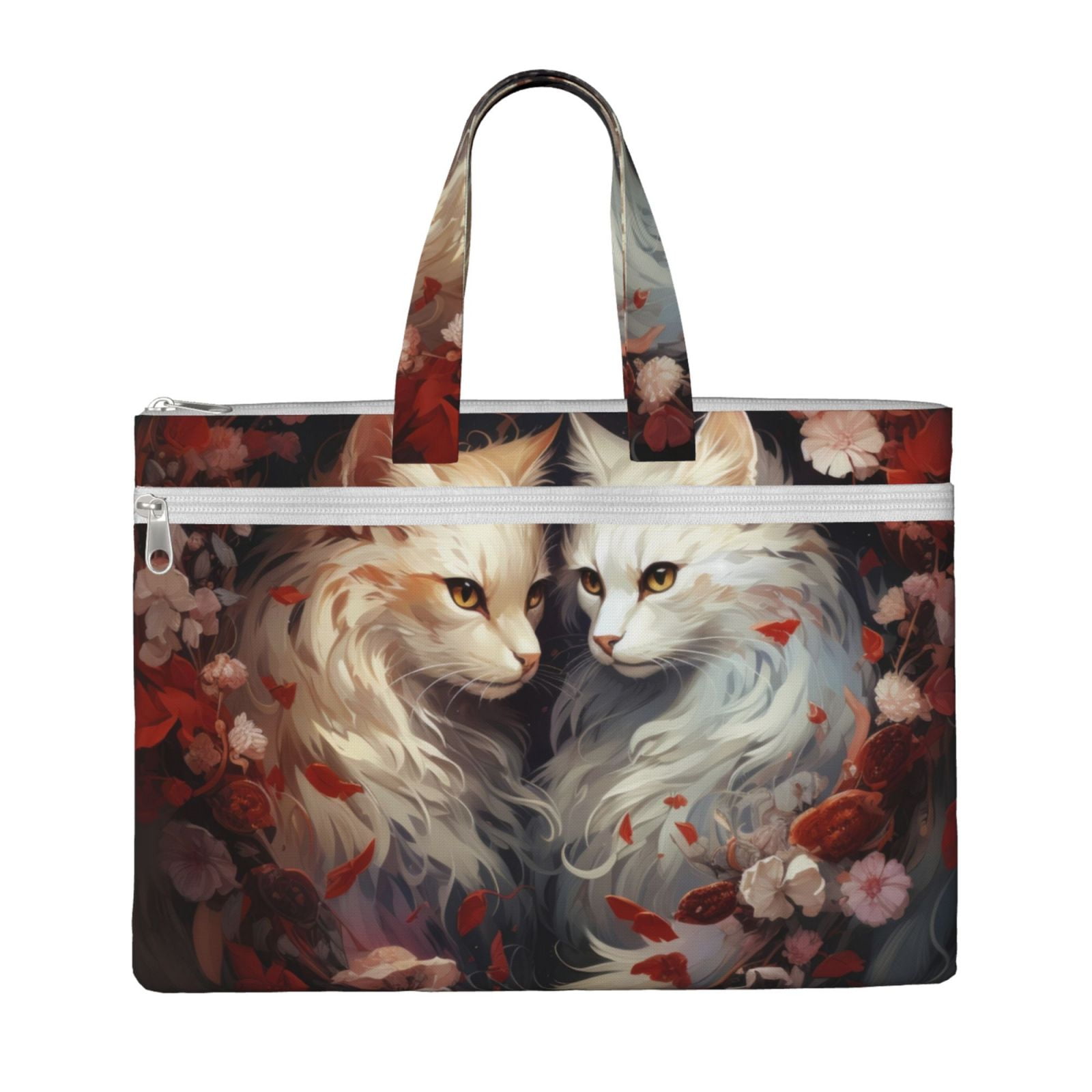 Cauagu Flower Cat Couple Pattern Canvas Tote File Bag, Zipper Tote Bag ...
