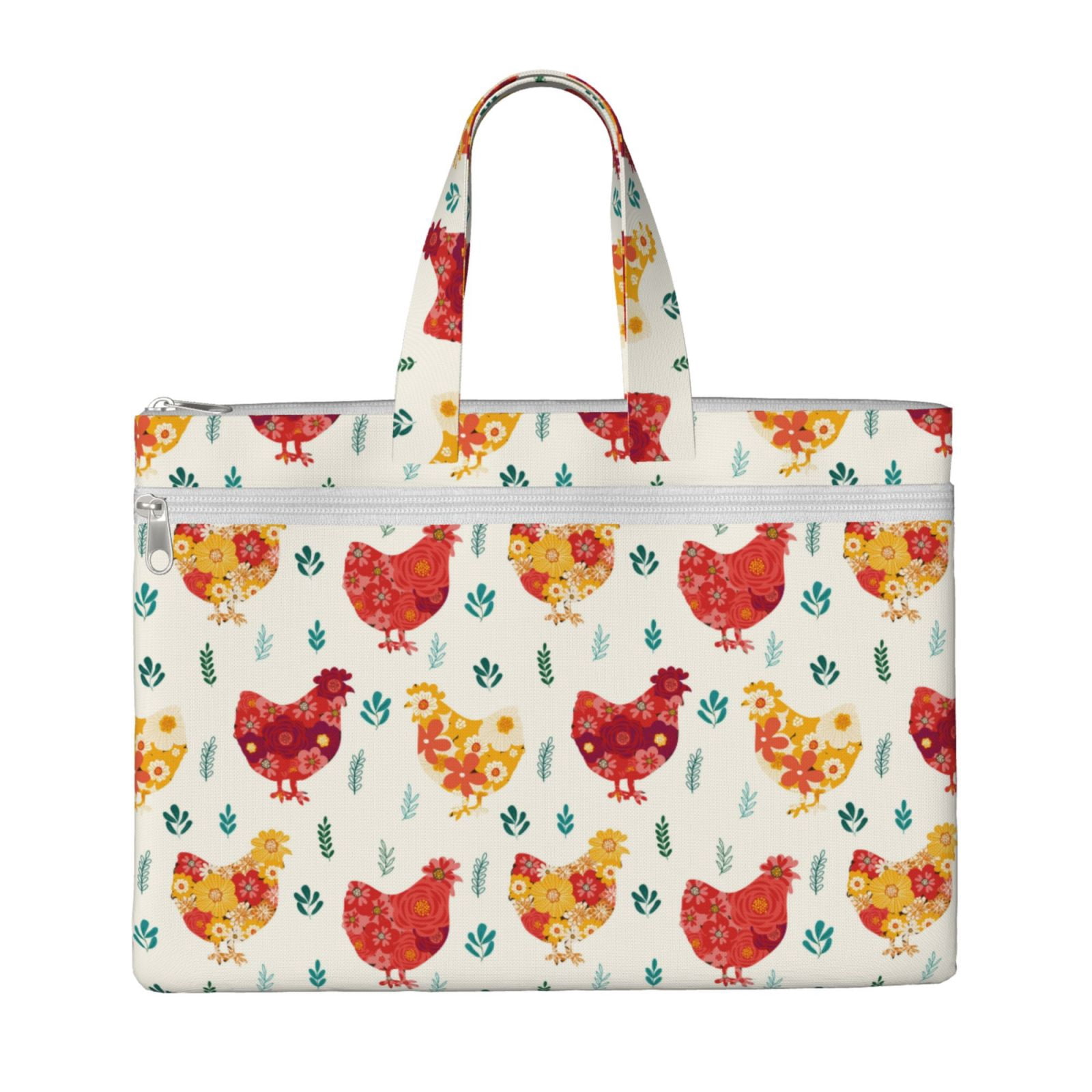Cauagu Flower Chicken Pattern Canvas Tote File Bag, Zipper Tote Bag ...