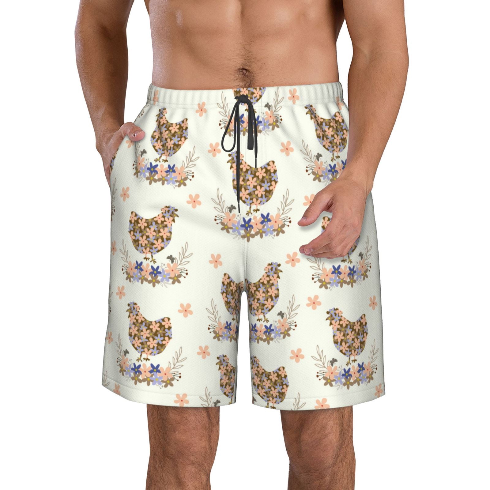 Cauagu Flower Chicken Print Men's Swim Trunks,Hawaiian Bathing Suit ...