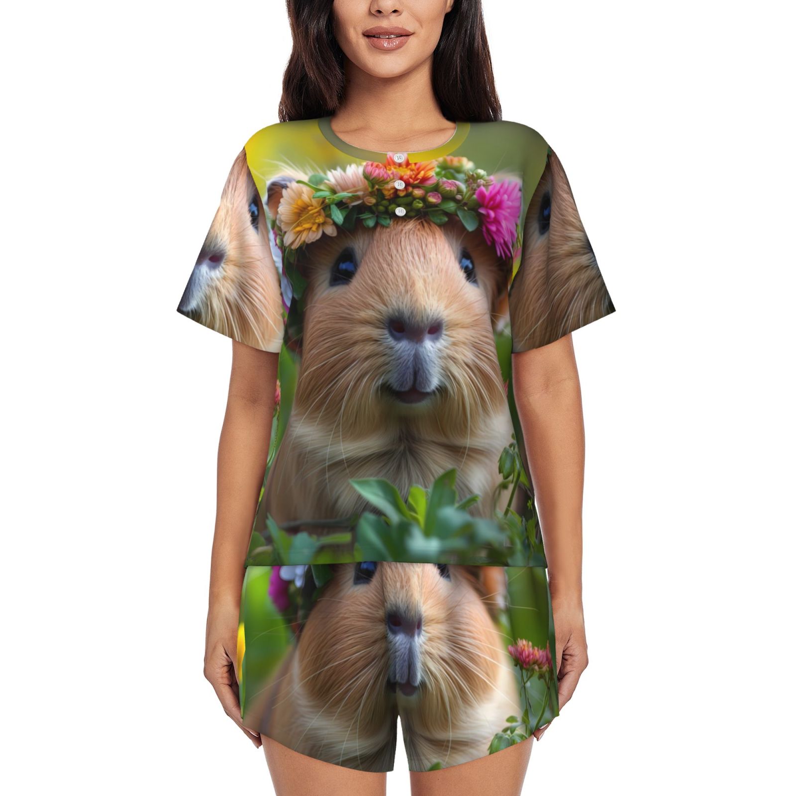 Cauagu Flower Crown Guinea Pig for Women's Round Neck Pajama Set,Short ...