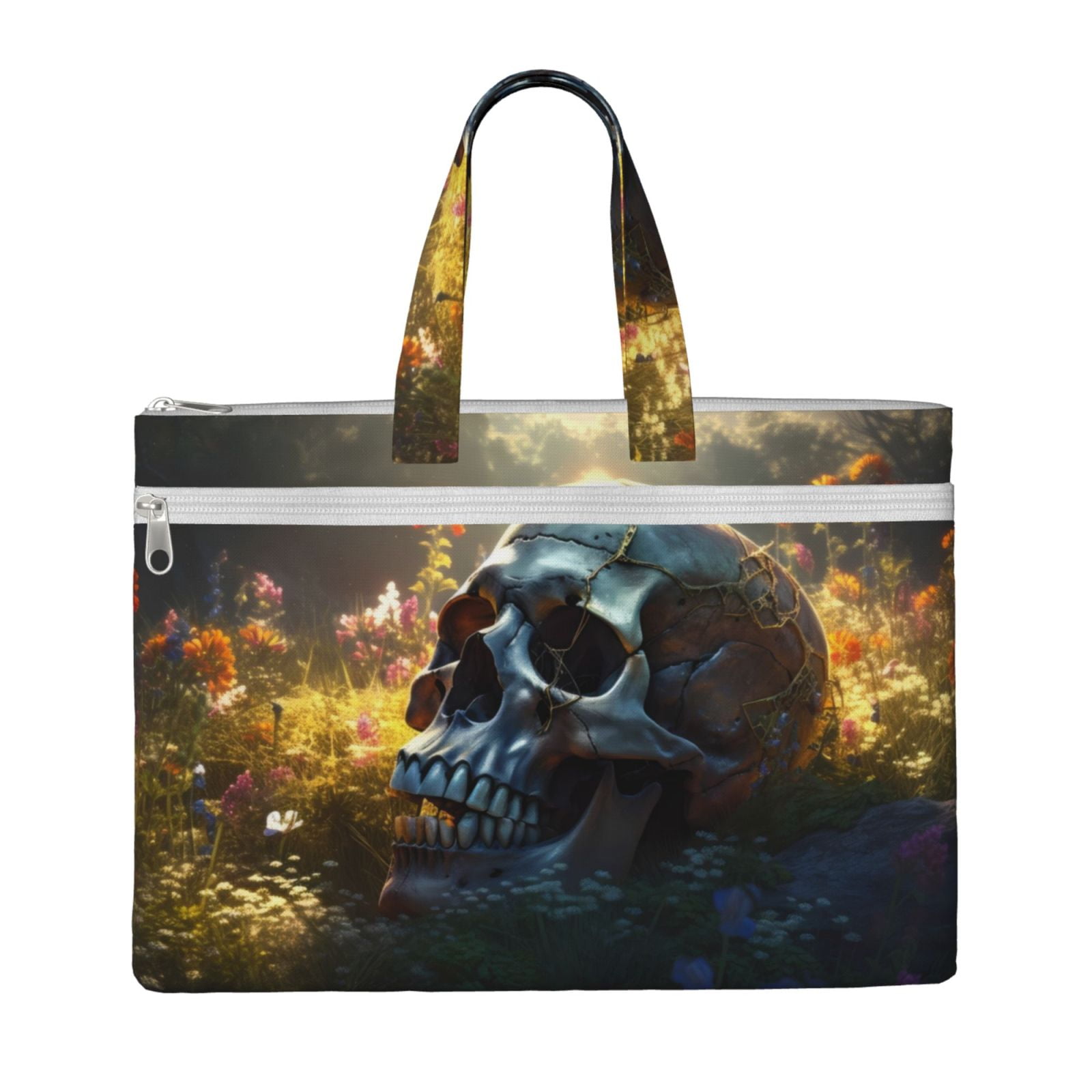 Cauagu Flower Field Skull Pattern Canvas Tote File Bag, Zipper Tote Bag ...