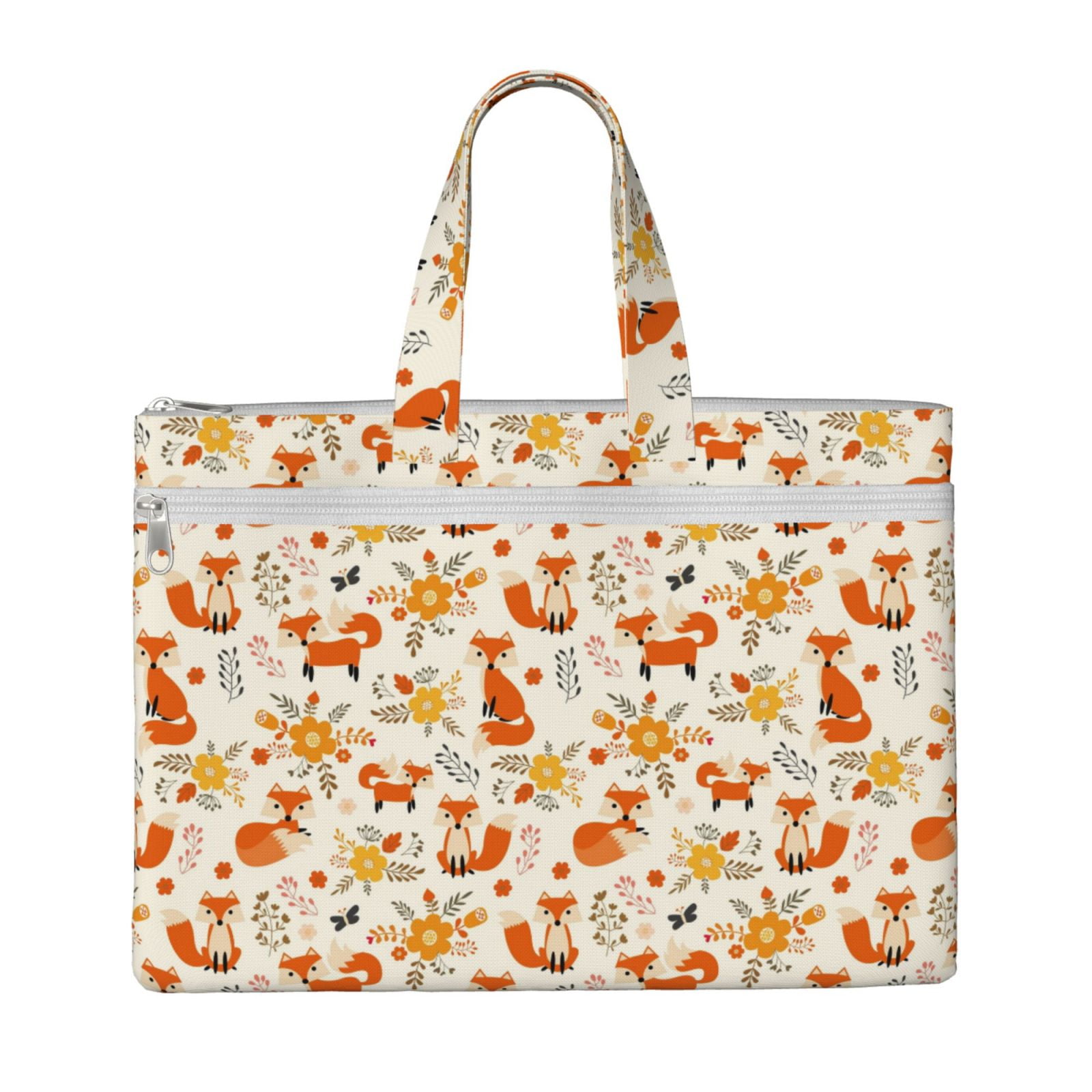 Cauagu Flower Fox Pattern Canvas Tote File Bag, Zipper Tote Bag ...