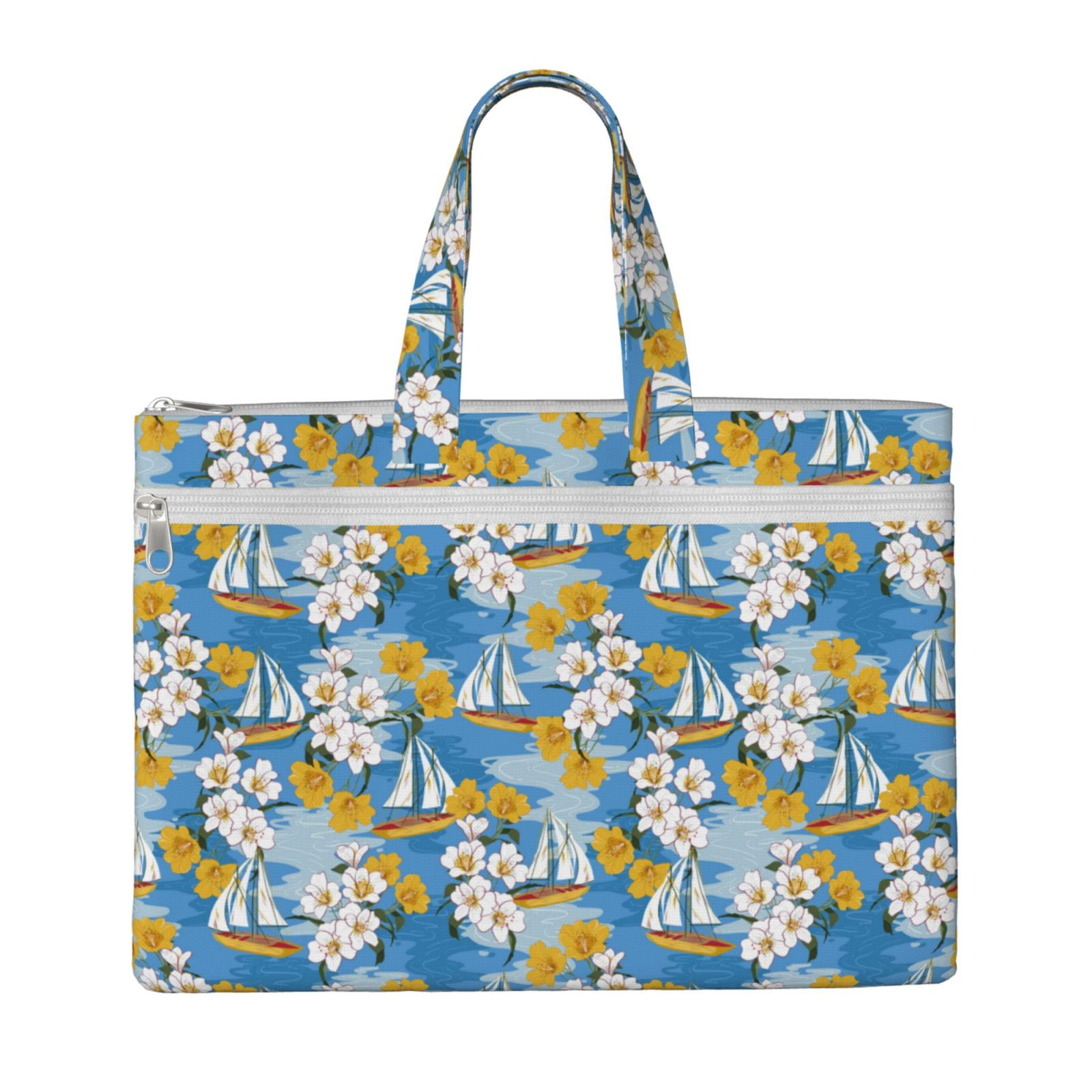 Cauagu Flower and Sail Boat Pattern Canvas Tote File Bag, Zipper Tote ...