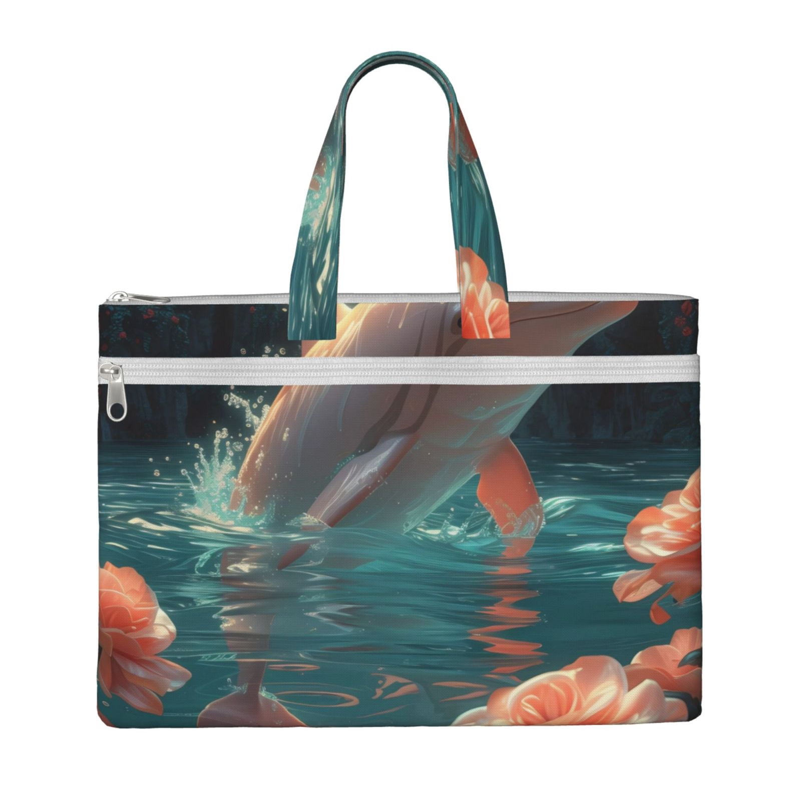 Cauagu Flower White Dolphin Pattern Canvas Tote File Bag, Zipper Tote ...