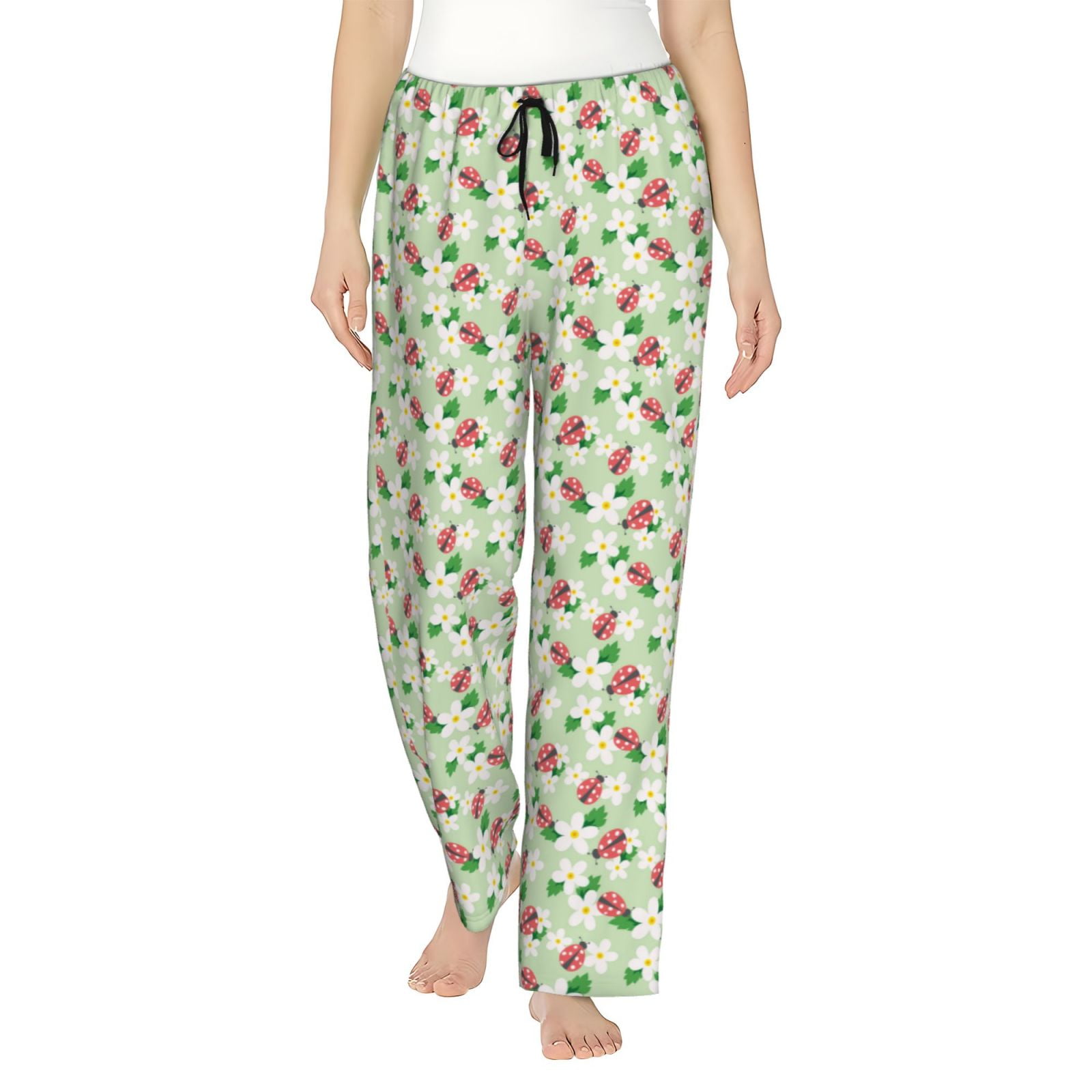 Cauagu Flower With Ladybug Pajama Pants for Women Loose Fit Wide Leg ...