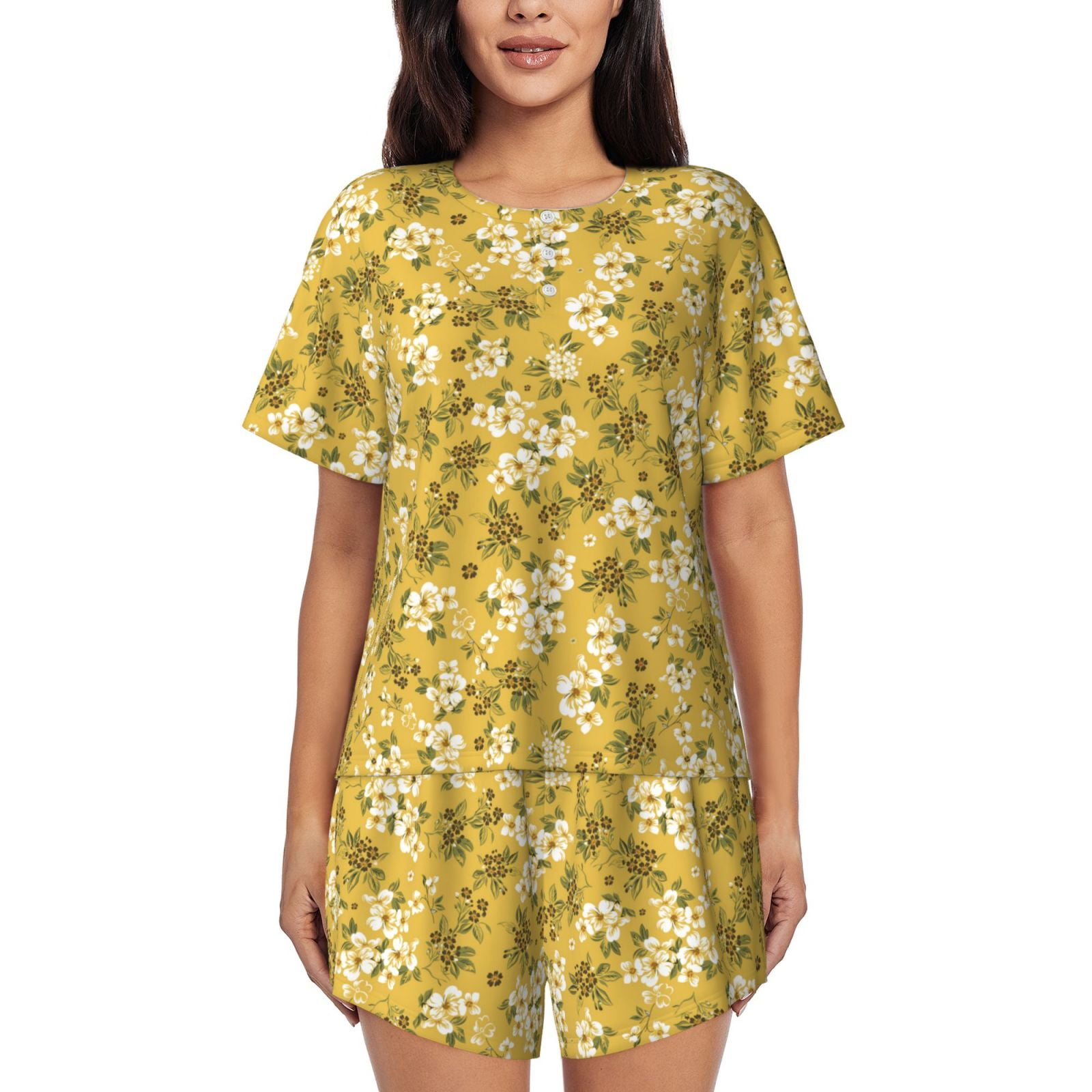 Cauagu Flower for Women's Round Neck Pajama Set,Short-Sleeved Pajamas Soft Sleepwear Set Summer ...