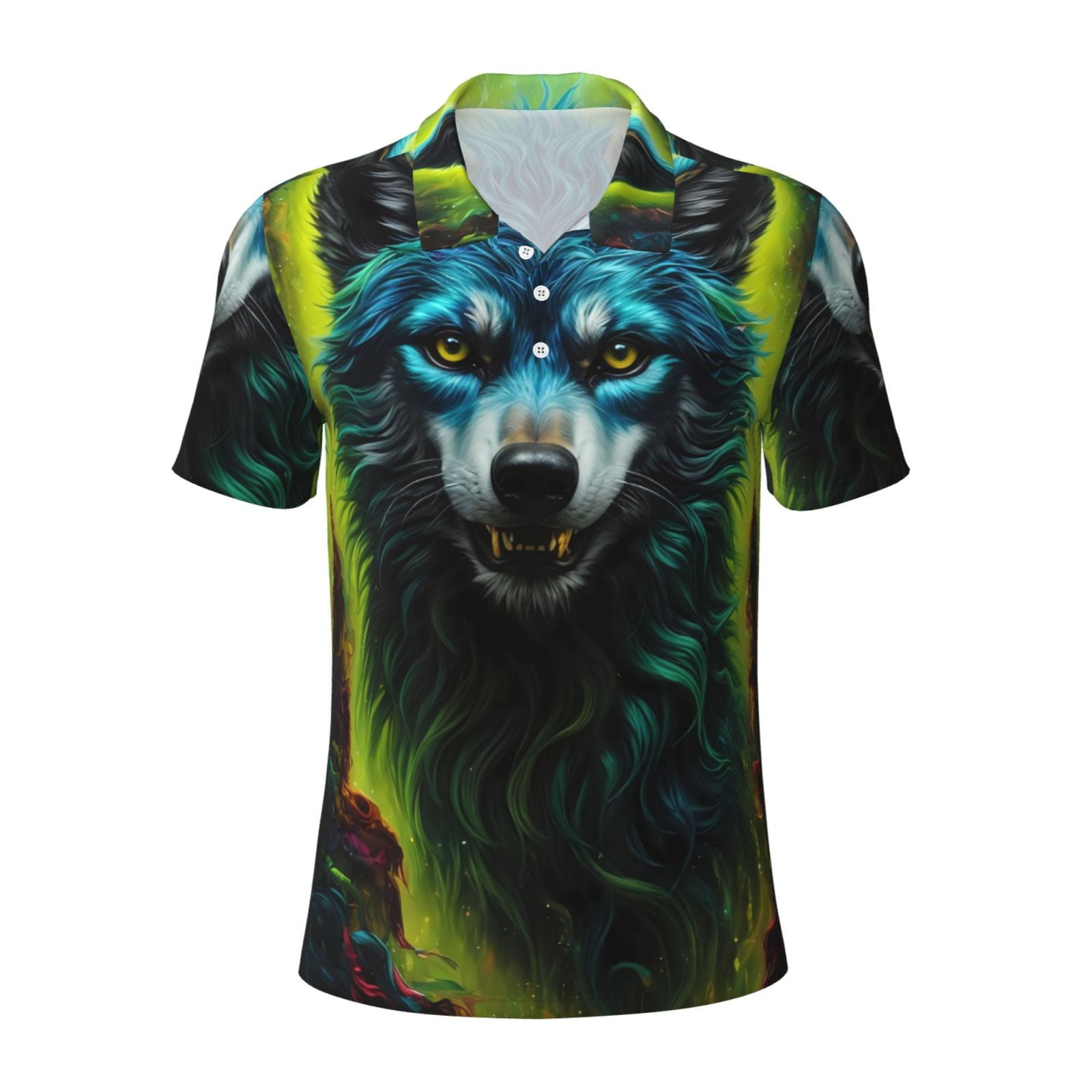 Cauagu Fluorescent Wolf Print Men's Polo Shirts, Short-Sleeve Polo ...
