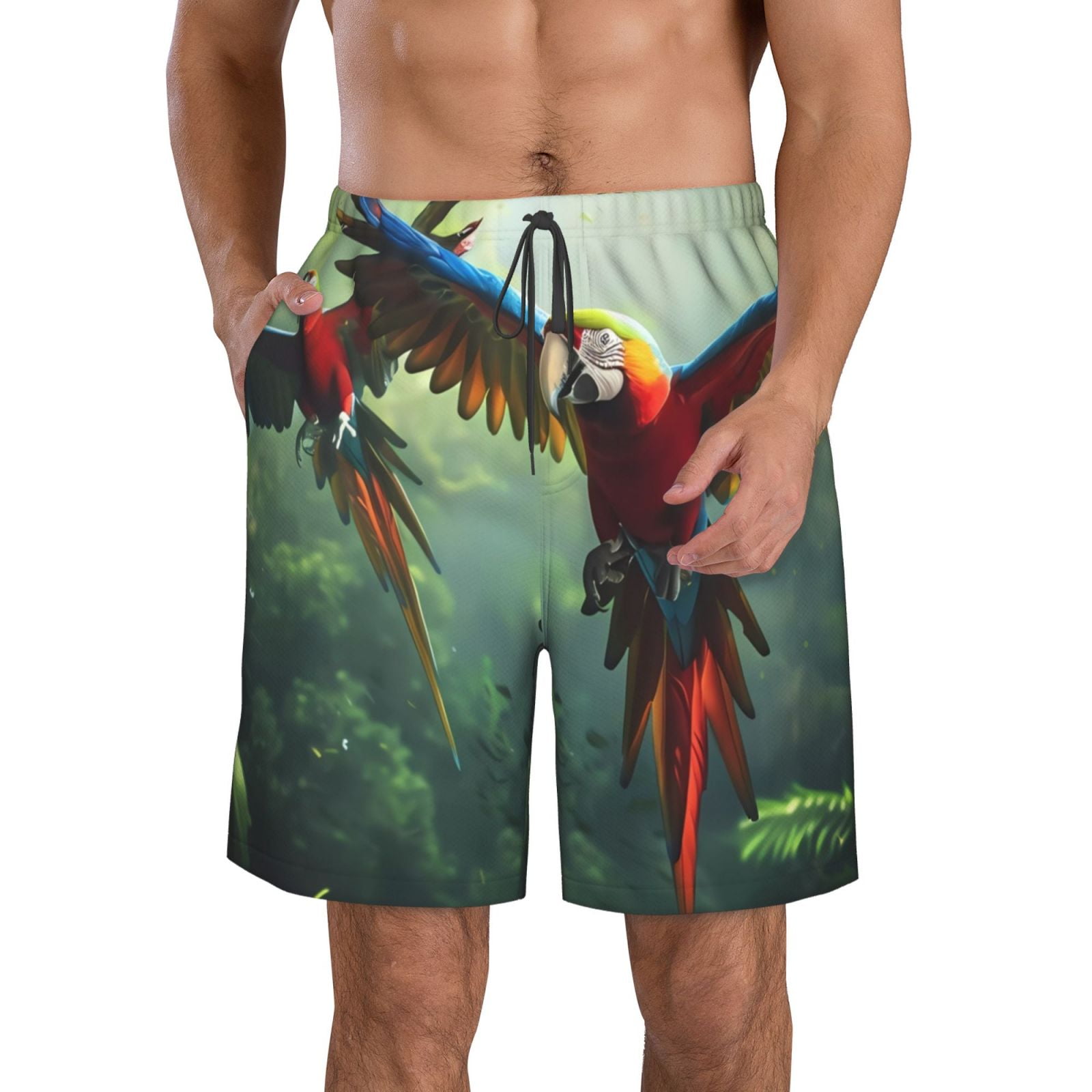Cauagu Flying Parrots In Jungle Print Men's Swim Trunks,Hawaiian ...