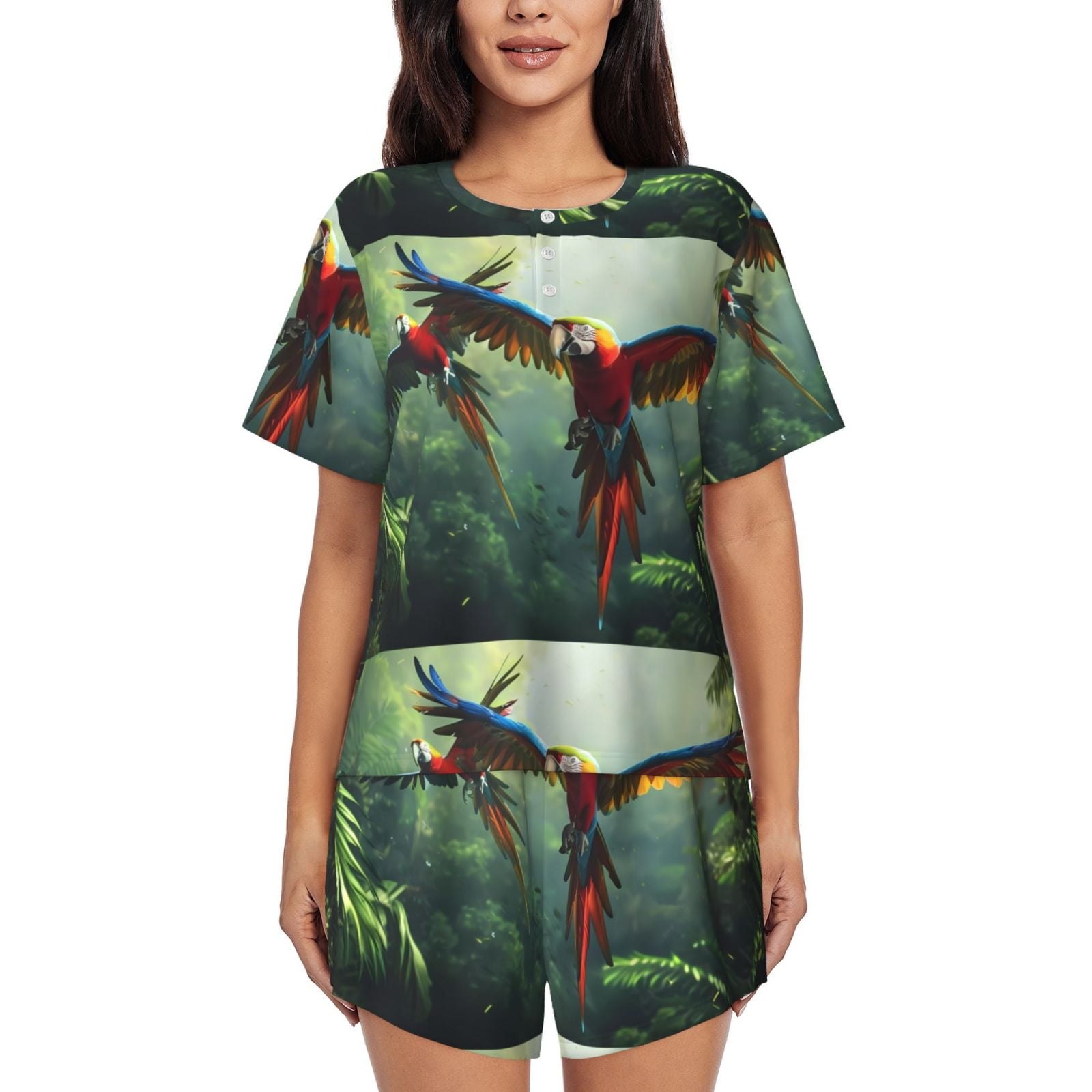 Cauagu Flying Parrots In Jungle for Women's Round Neck Pajama Set,Short ...