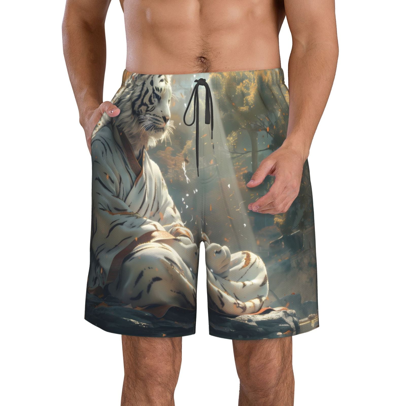 Cauagu Forest Meditating White Tiger Print Men's Swim Trunks,Hawaiian ...