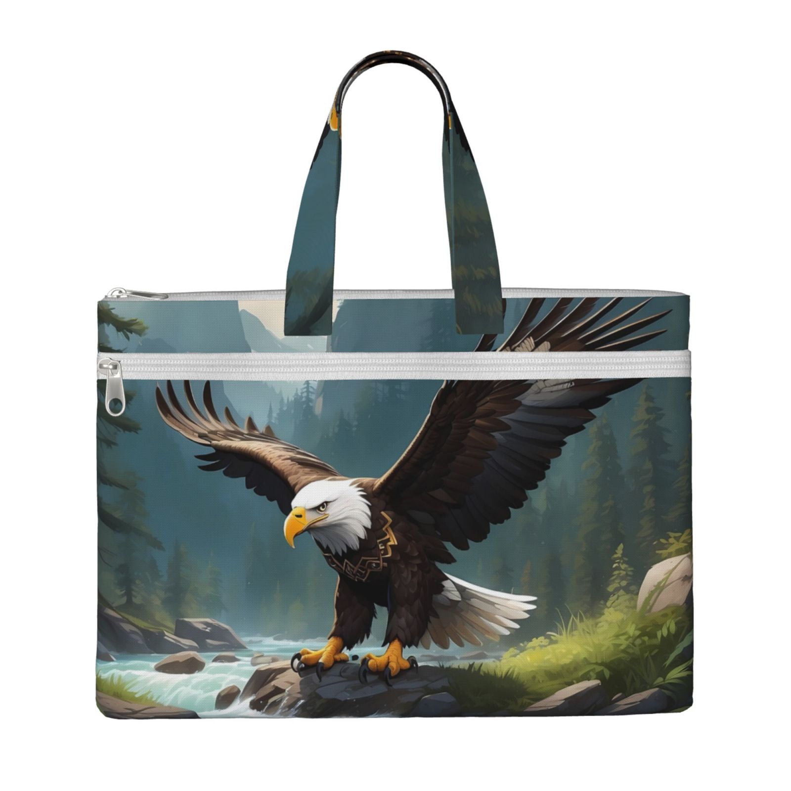 Cauagu Forest River Bald Eagle Pattern Canvas Tote File Bag, Zipper ...