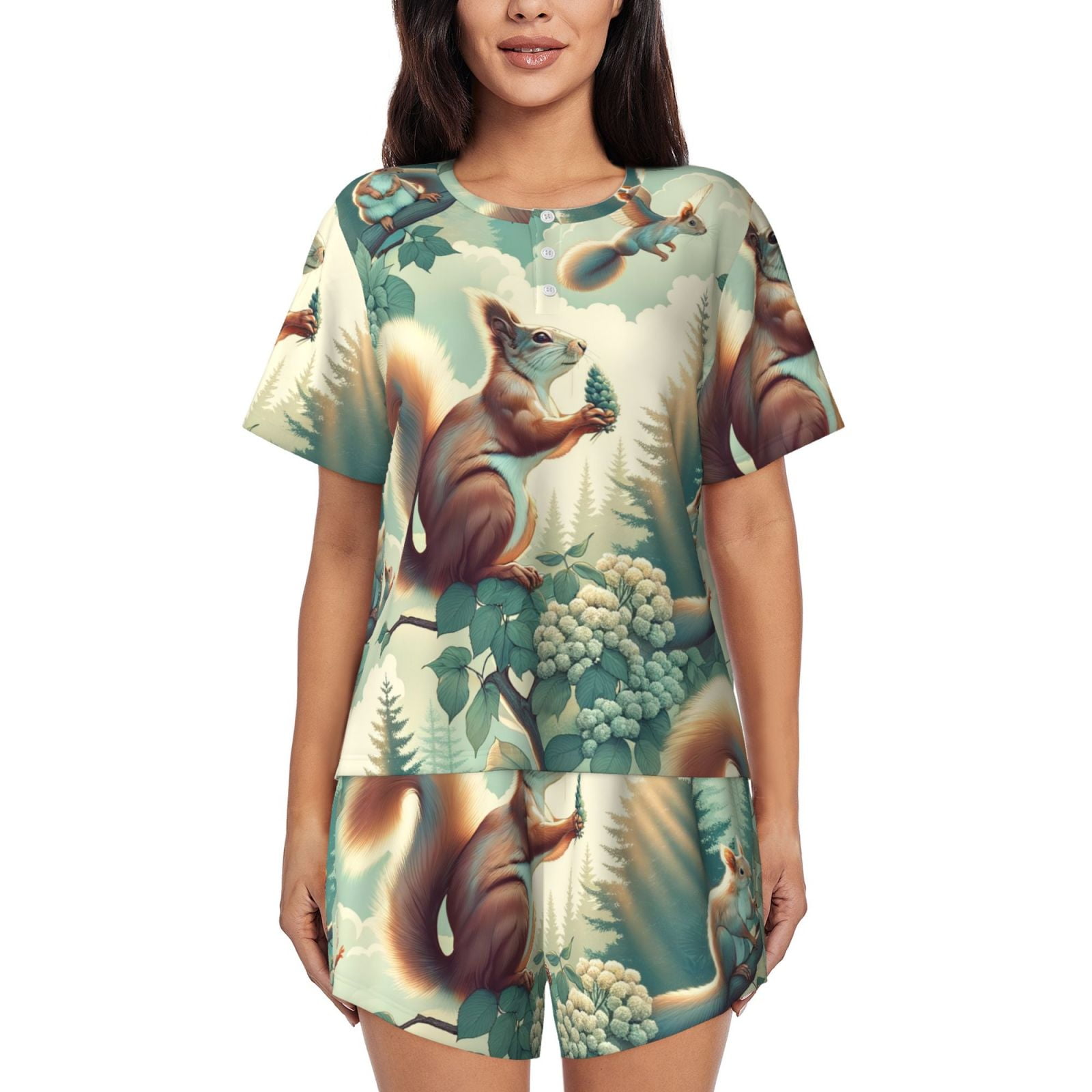 Cauagu Forest squirrel surreal for Women's Round Neck Pajama Set,Short ...