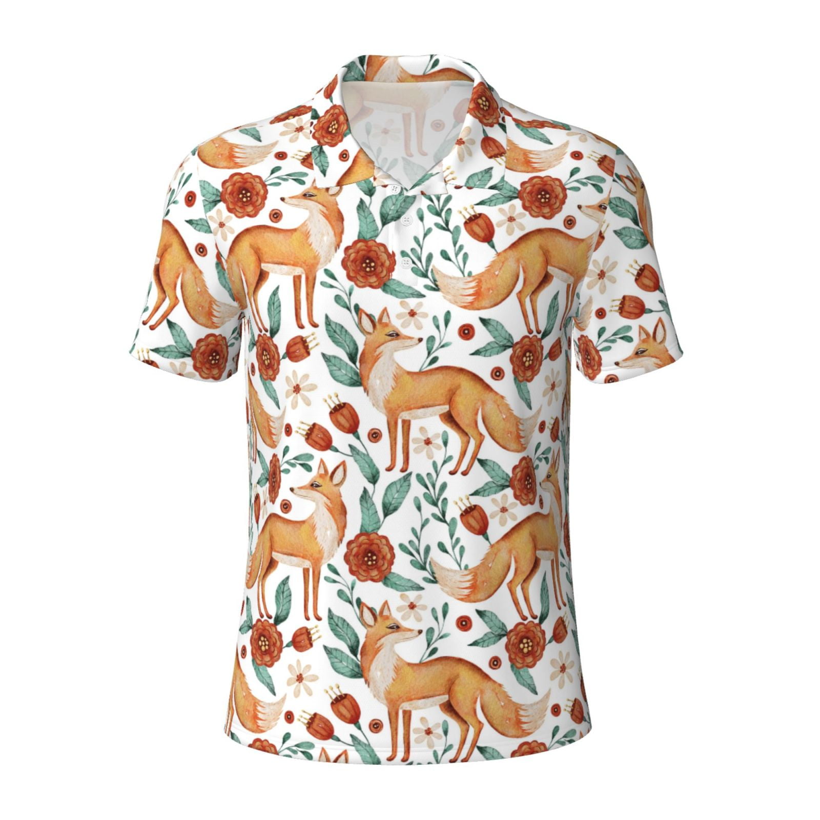 Cauagu Foxes and Floral Harmony Print Men's Polo Shirts, Short-Sleeve Polo Shirts for Men ...