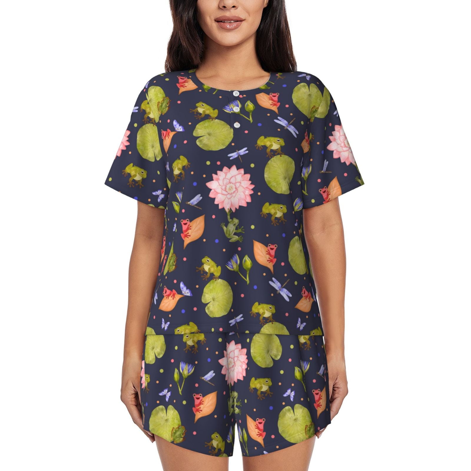 Cauagu Frog And Flowers for Women's Round Neck Pajama Set,Short-Sleeved ...
