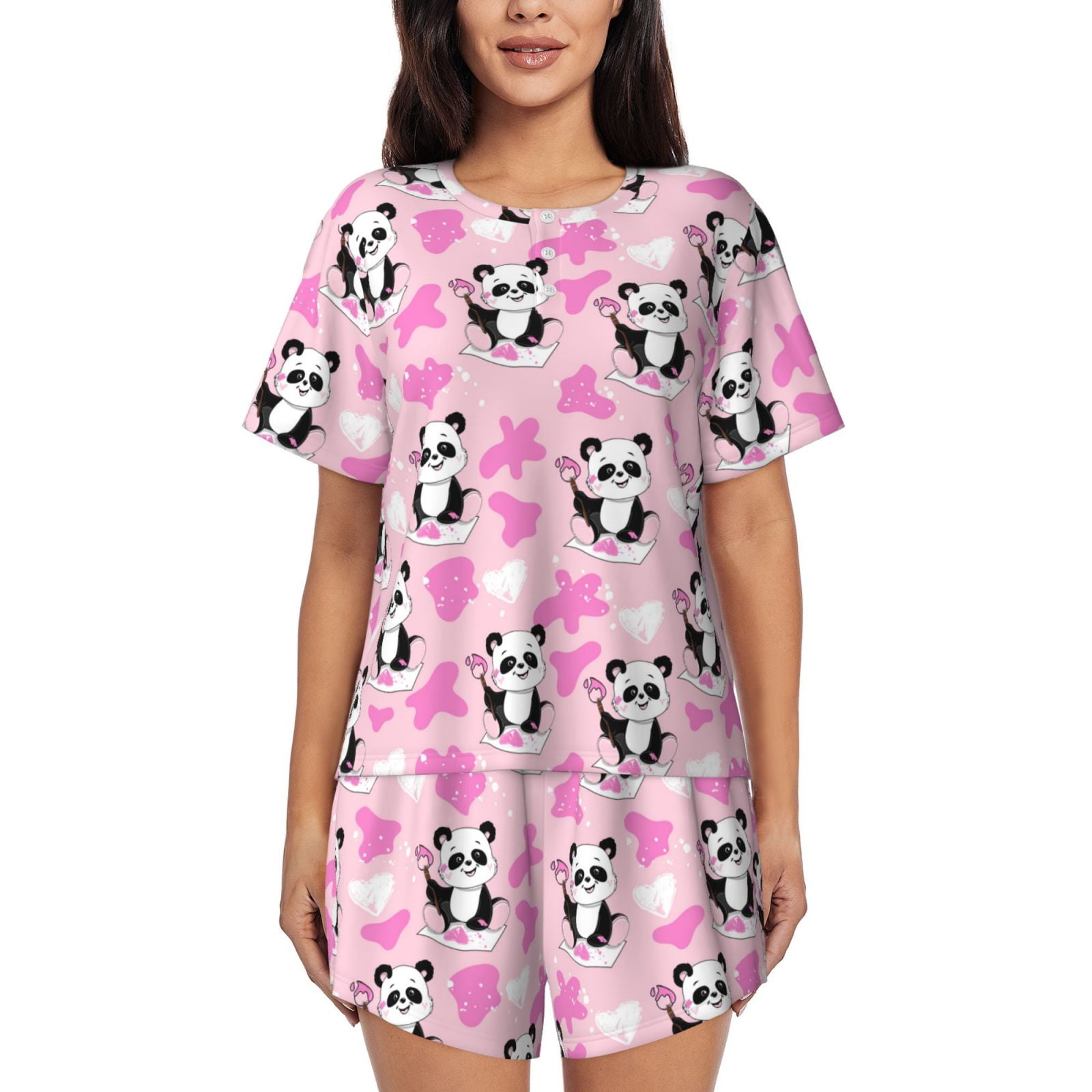 Cauagu Funny Panda Draws A Heart for Women's Round Neck Pajama Set ...