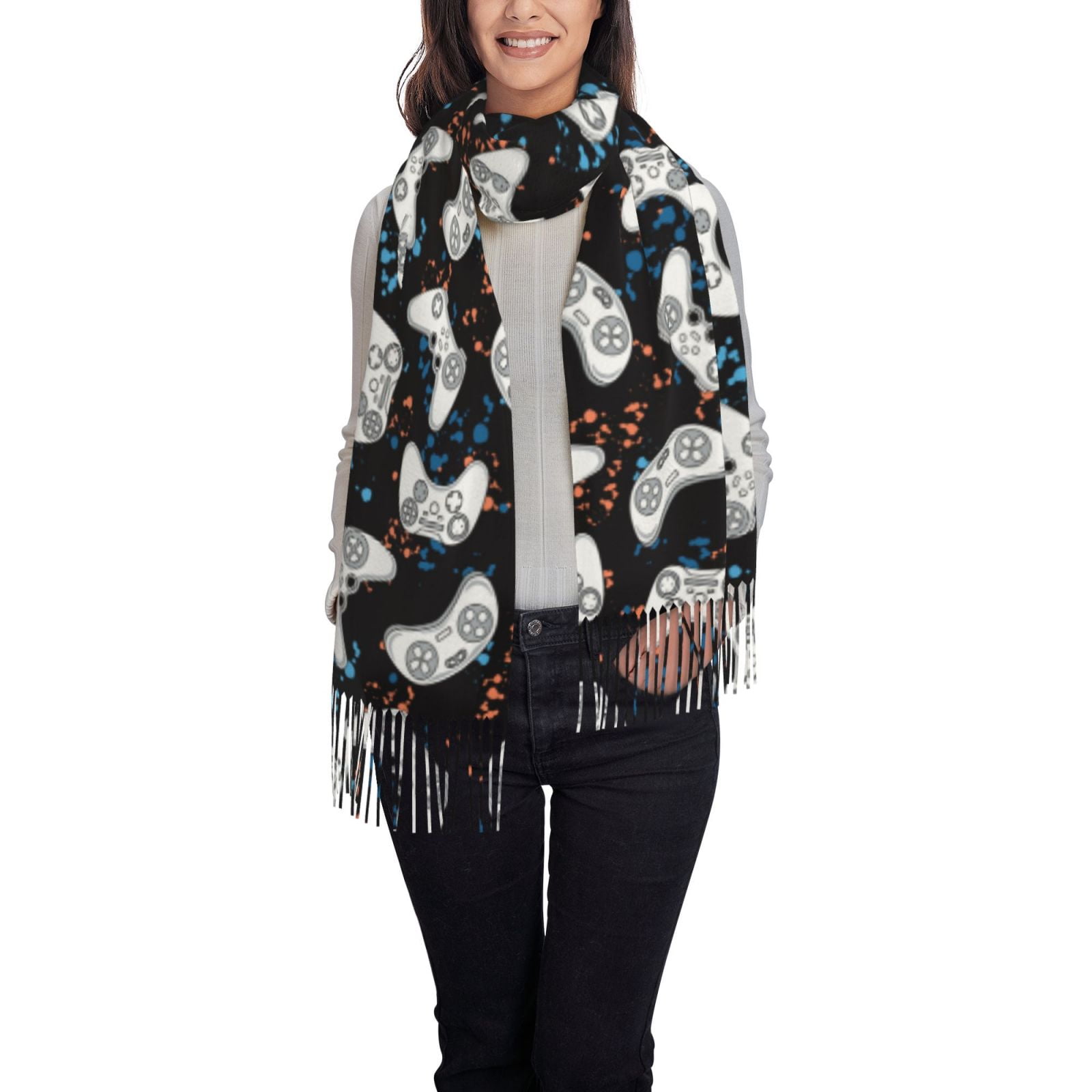 Cauagu Cool Gamepad Print Women Wrap Shawl tassels Scarves Retro Scarf ...