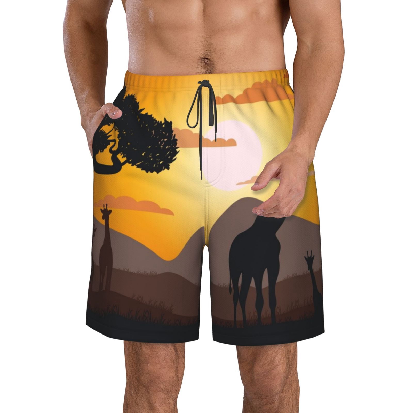 Cauagu Giraffes Of The African Savannah Print Men's Swim Trunks ...