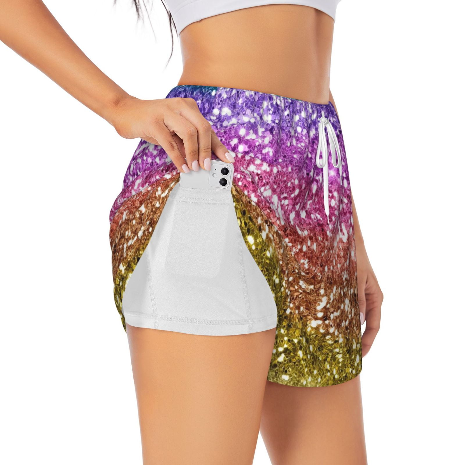Cauagu Glitter Rainbow Print Women's 2 in 1 Running Shorts Athletic ...