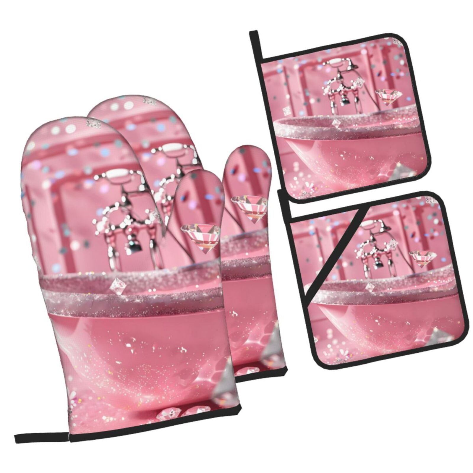 Cauagu Glittering Pink Bathtub Print Oven Mitts and Pot Holders 4 pcs ...