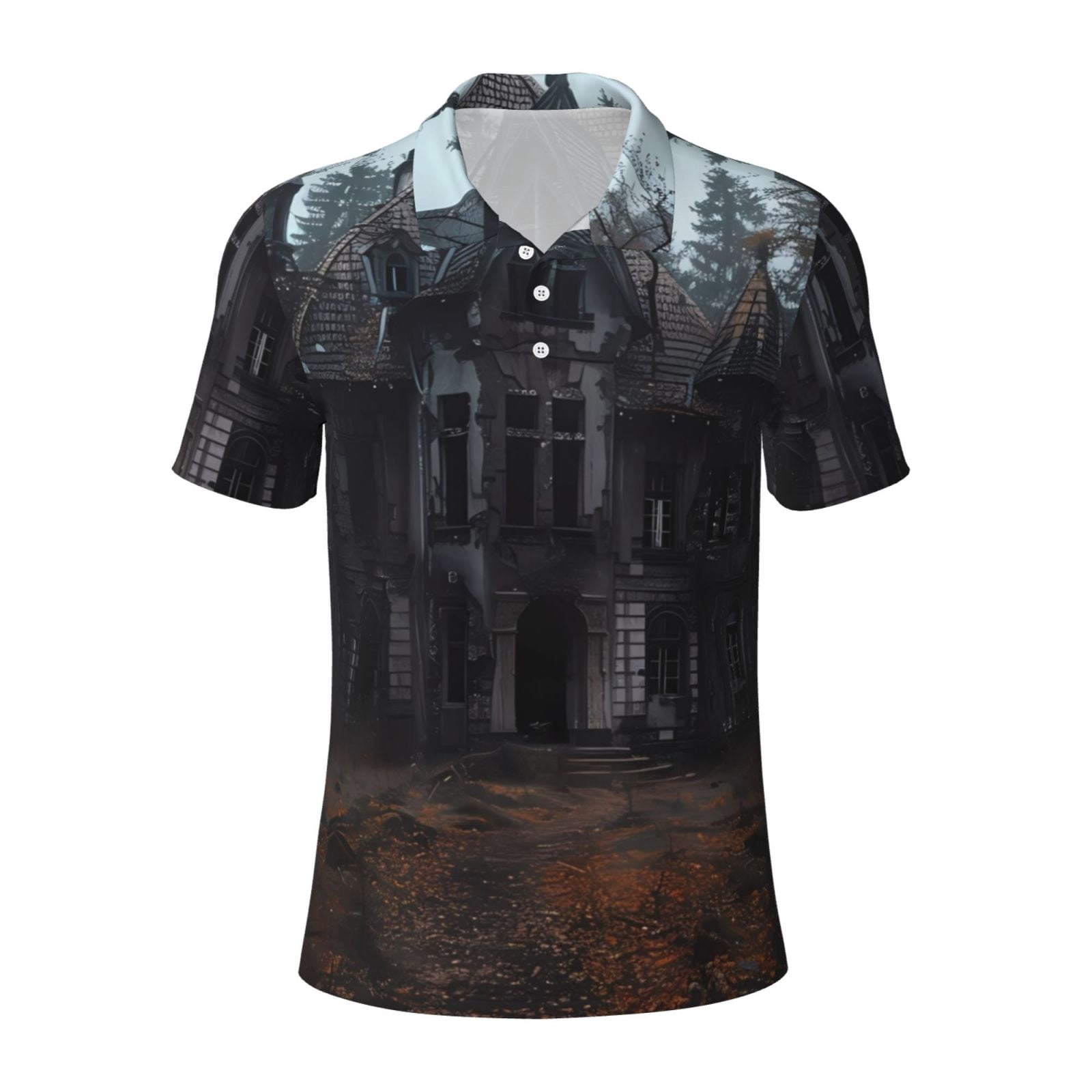 Cauagu Gloomy Mansion Forest Scene Print Men's Polo Shirts, Short ...