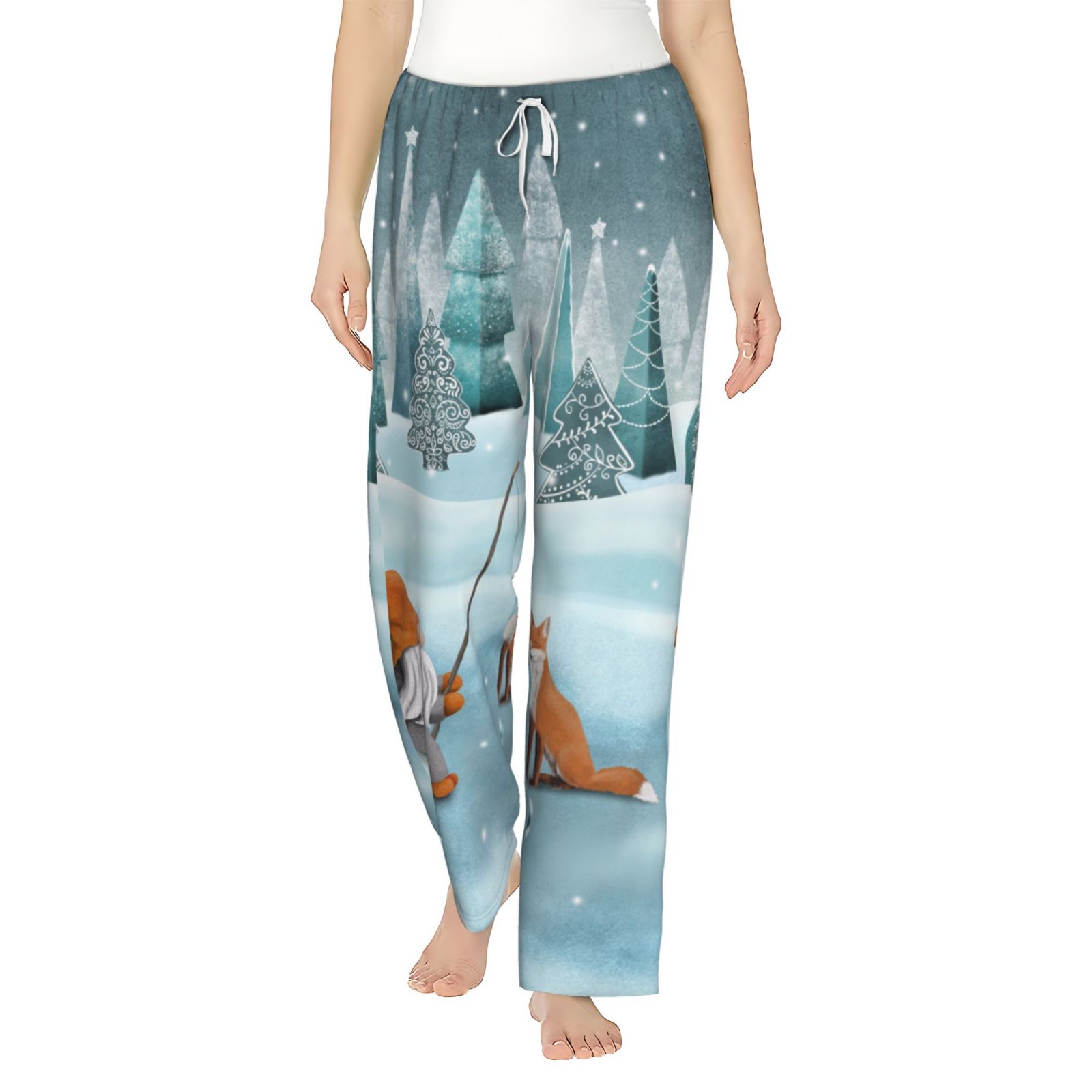 Cauagu Gnome And Red Fox Fishing Pajama Pants for Women Loose Fit Wide ...