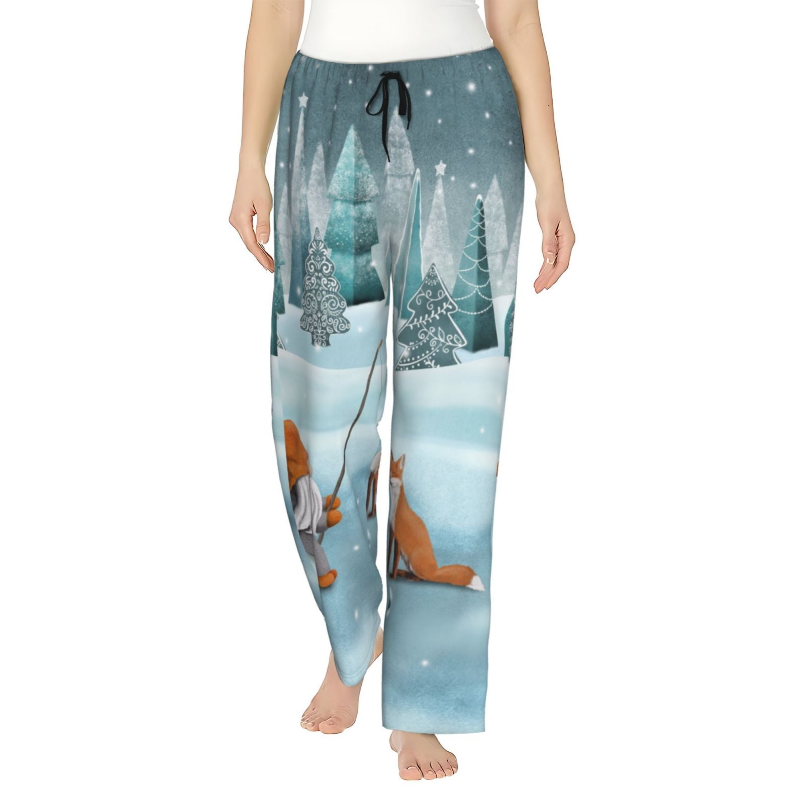 Cauagu Gnome And Red Fox Fishing Pajama Pants for Women Loose Fit Wide ...