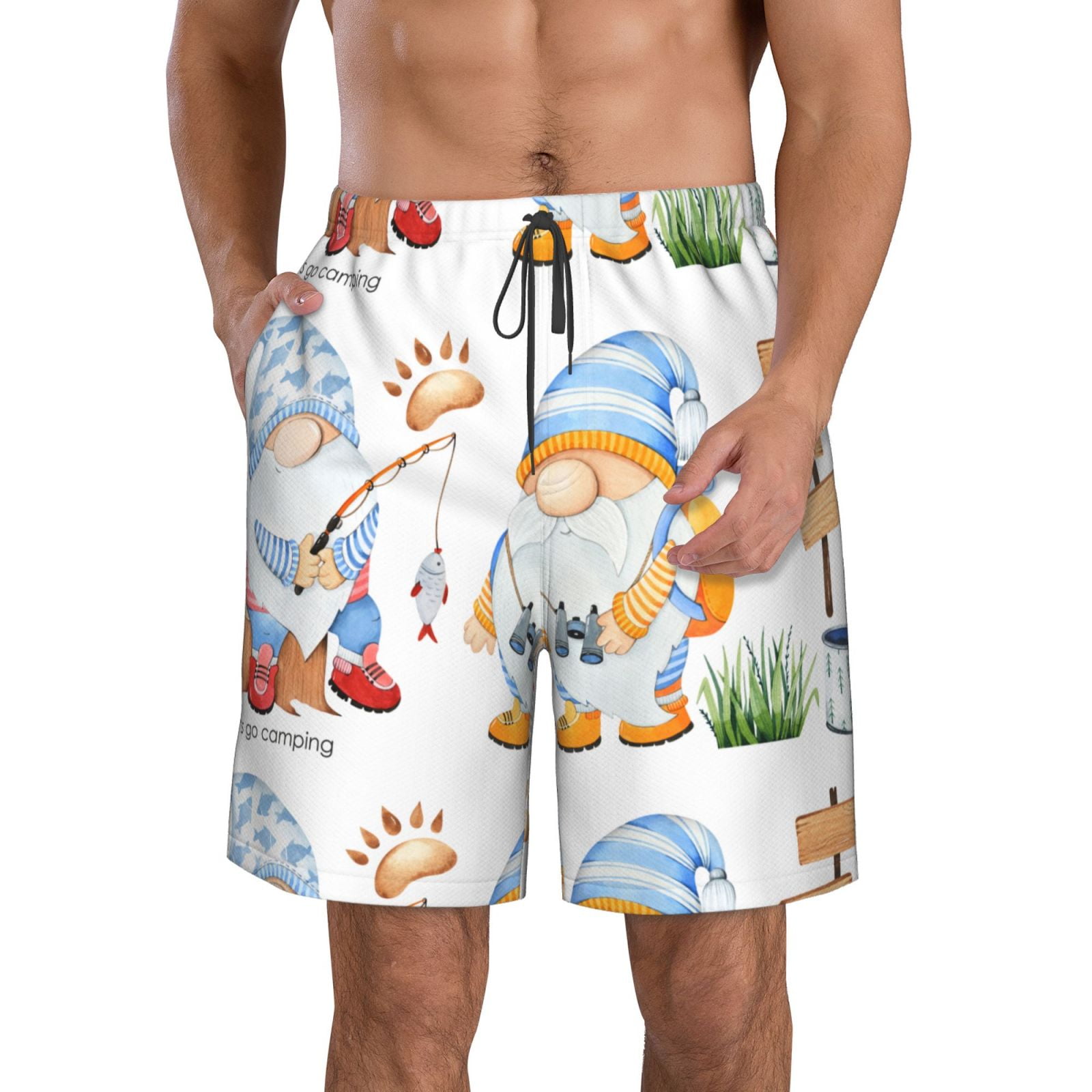 Cauagu Gnome Camping Fishing Print Men's Swim Trunks,Hawaiian Bathing ...