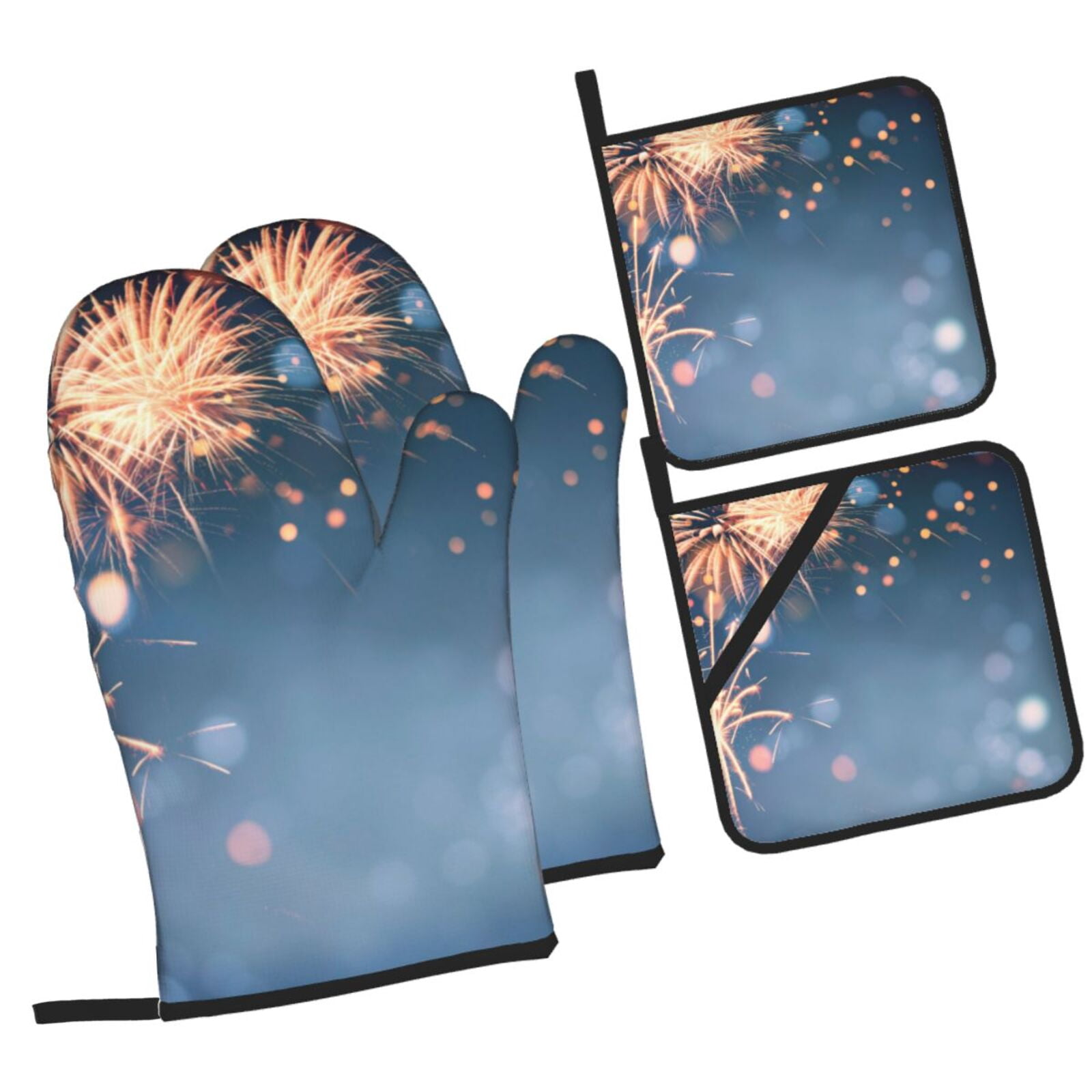 Cauagu Gold And Blue Fireworks Print Oven Mitts and Pot Holders 4 pcs ...