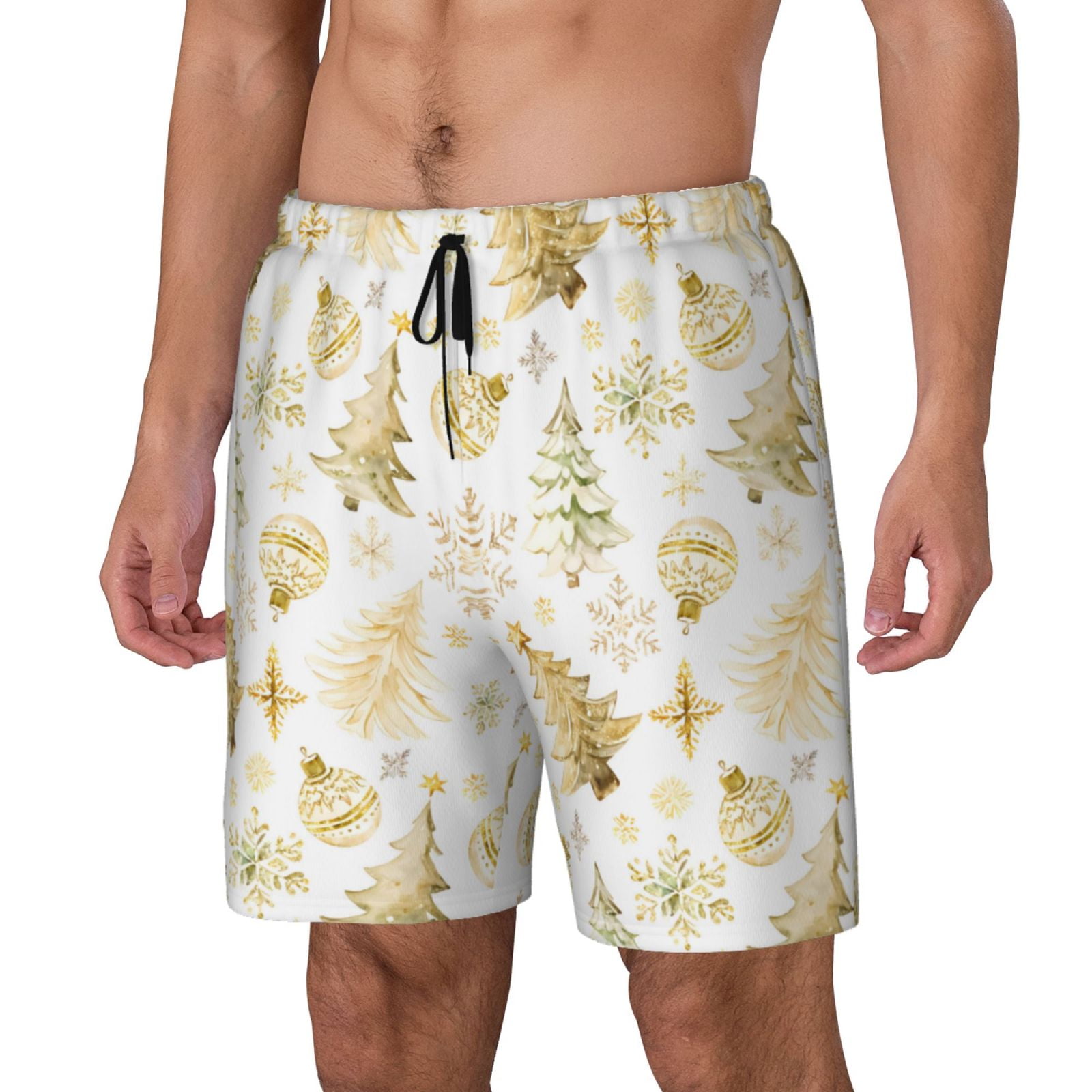 Cauagu Gold Christmas Tree Print Mens Swim Trunks Quick Dry Board ...