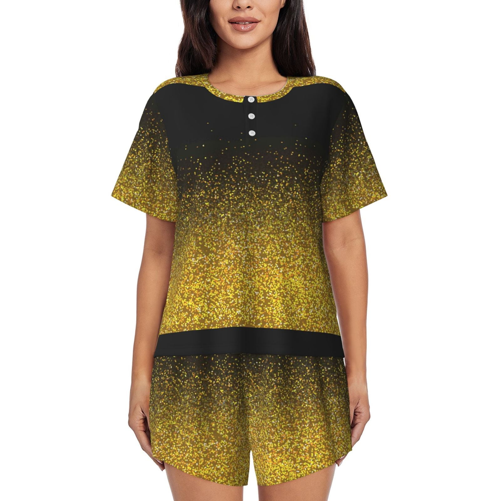 Cauagu Gold Glitter Gradient for Women's Round Neck Pajama Set,Short-Sleeved Pajamas Soft ...