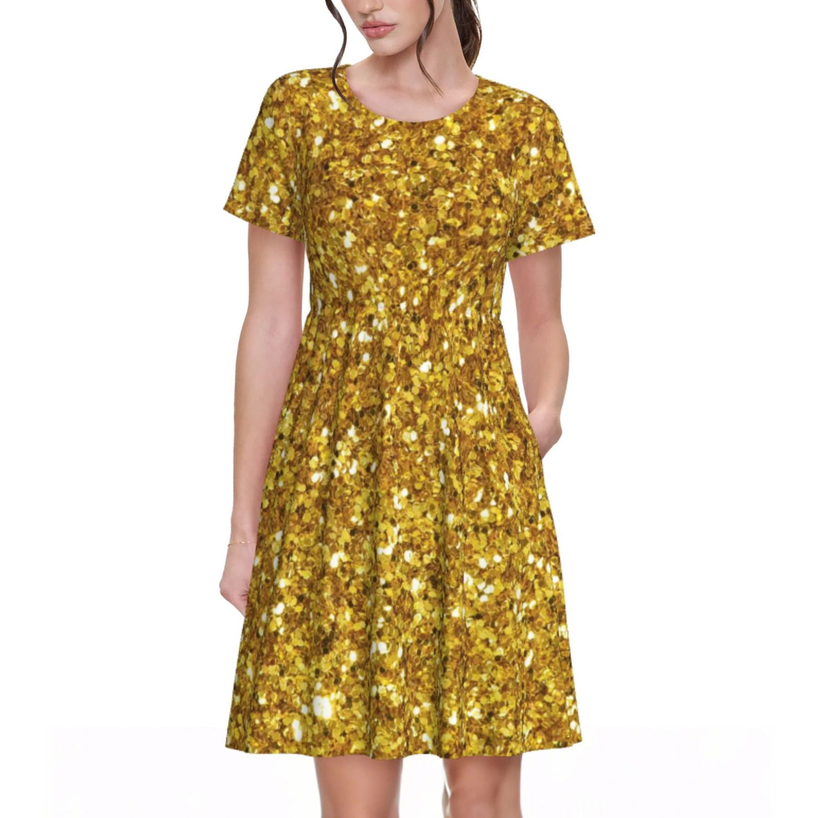 Cauagu Gold Glitter Print Summer Dresses for Women 2025 Loose Short ...