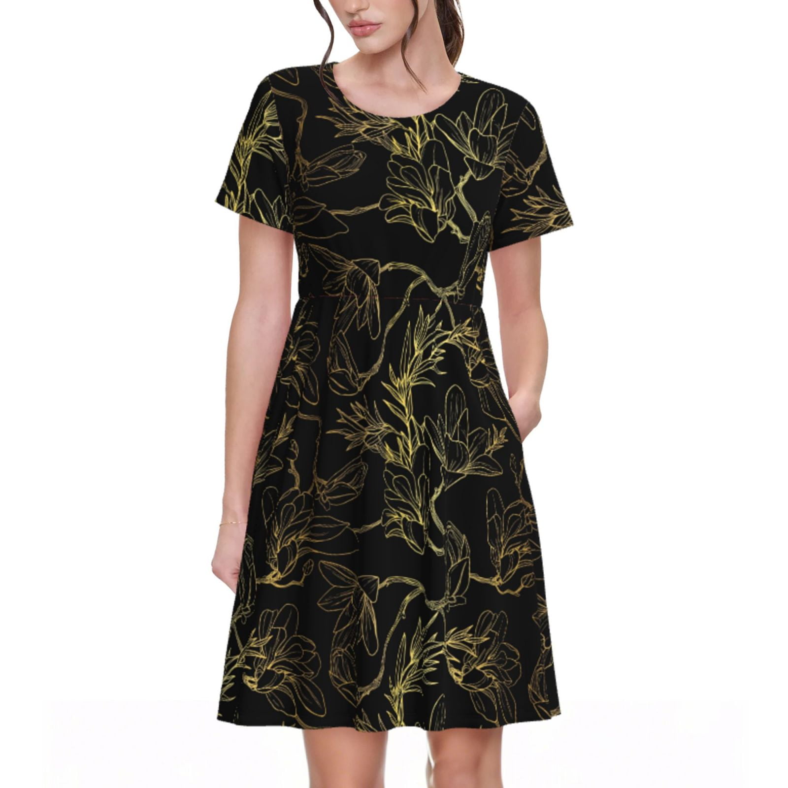 Cauagu Gold Gloss Outline Floral Print Summer Dresses for Women 2025 ...