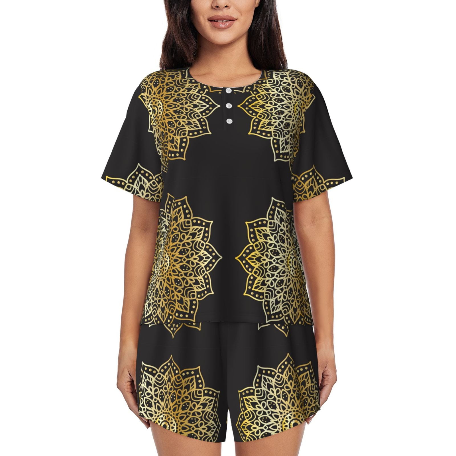 Cauagu Gold Mandala for Women's Round Neck Pajama Set,Short-Sleeved ...