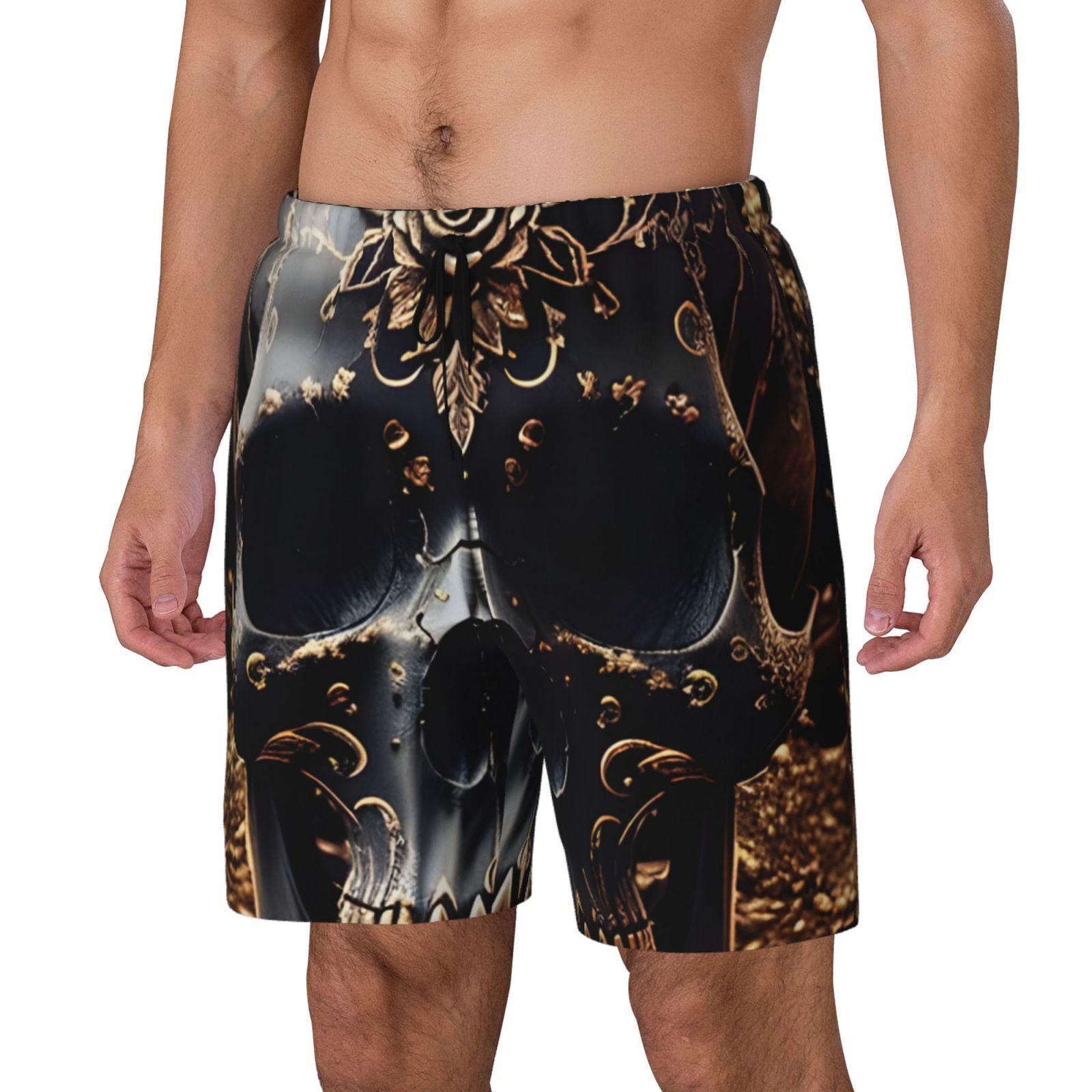 Cauagu Gold Pattern Black Skull Print Mens Swim Trunks Quick Dry Board ...