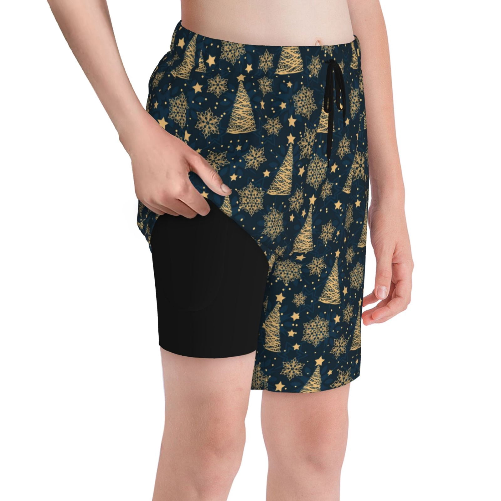 Cauagu Gold Snowflake Christmas Tree Print Swim Trunks for Men,Youth ...