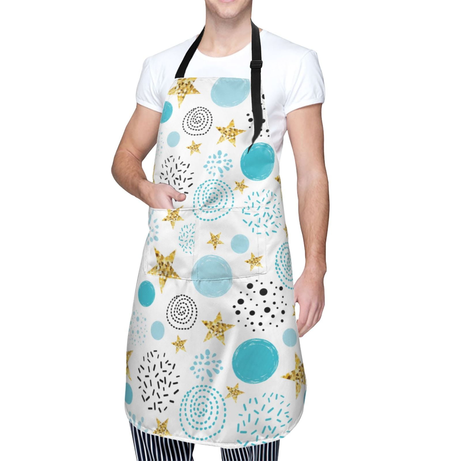 Cauagu Gold Stars Blue Dots Pattern Aprons with Pockets,Waterproof ...