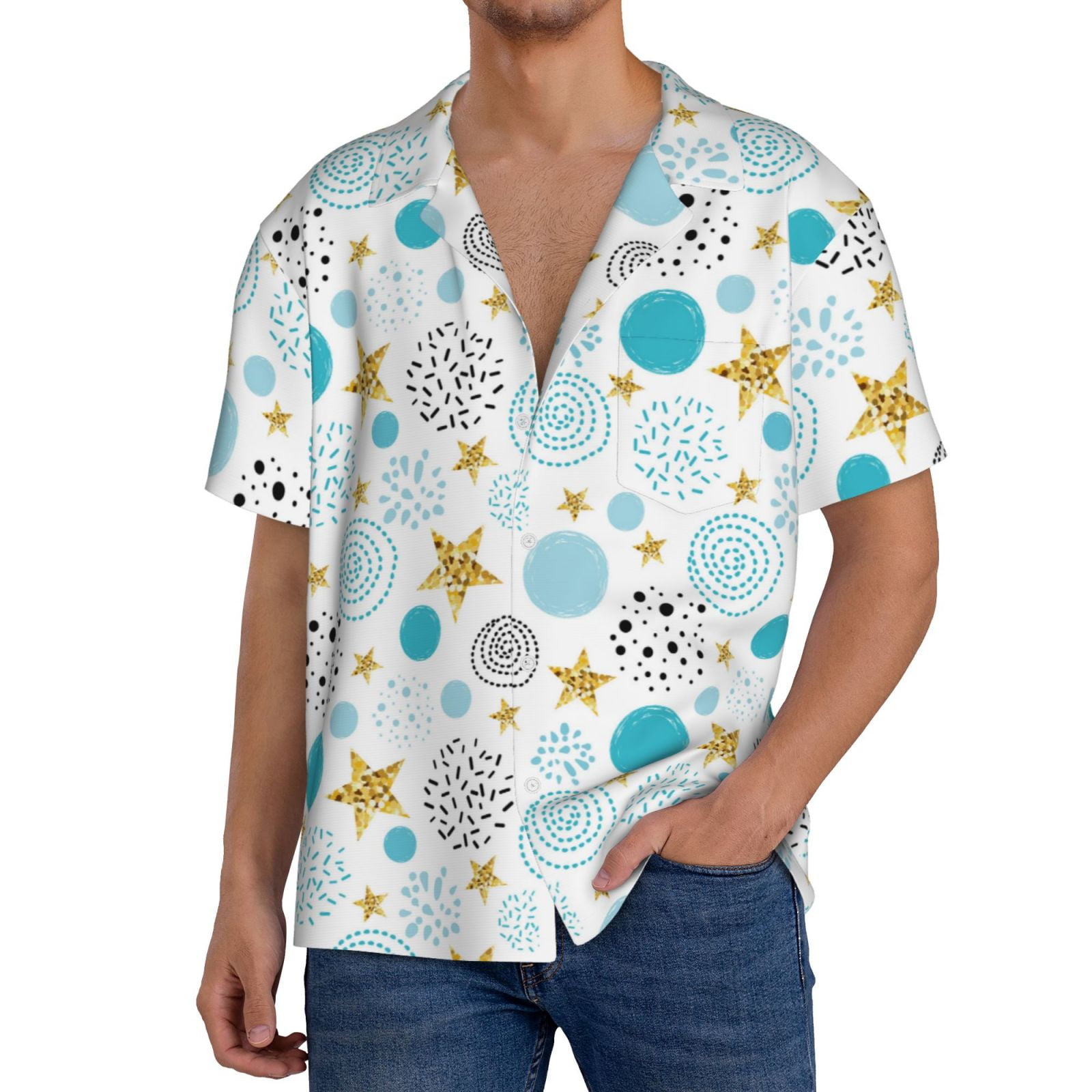 Cauagu Gold Stars Blue Dots Pattern Men's Short Sleeve Button Down ...